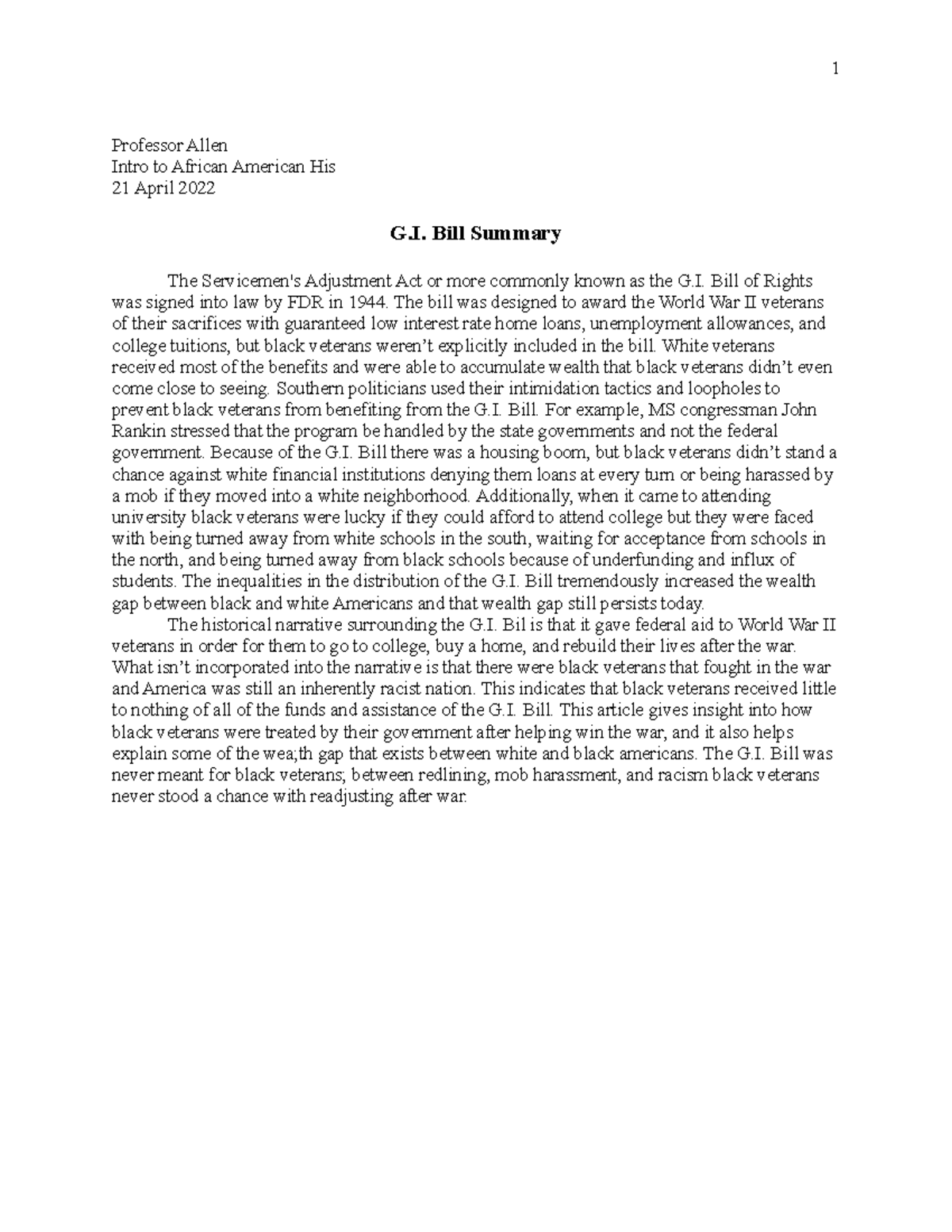 AA GI Bill Assigment - Summary of the G.I Bill - 1 Professor Allen ...