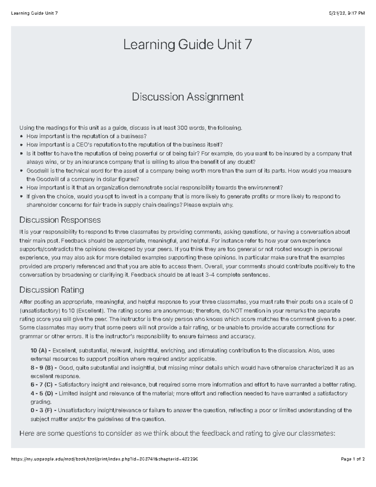 Discussion point Unit 7 - Learning Guide Unit 7 5/21/23, 9:17 PM - Studocu