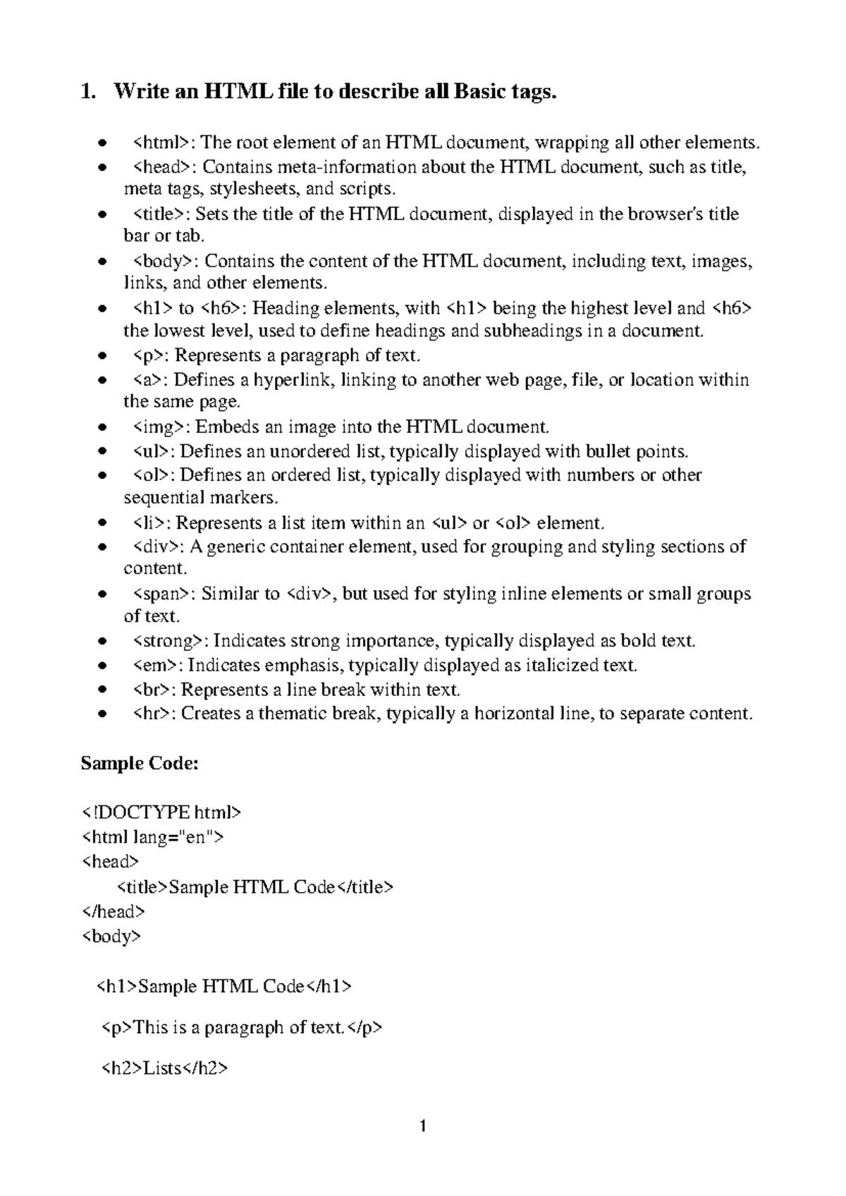 Web Record (1) - 1. Write an HTML file to describe all Basic tags. : The root element of - Studocu