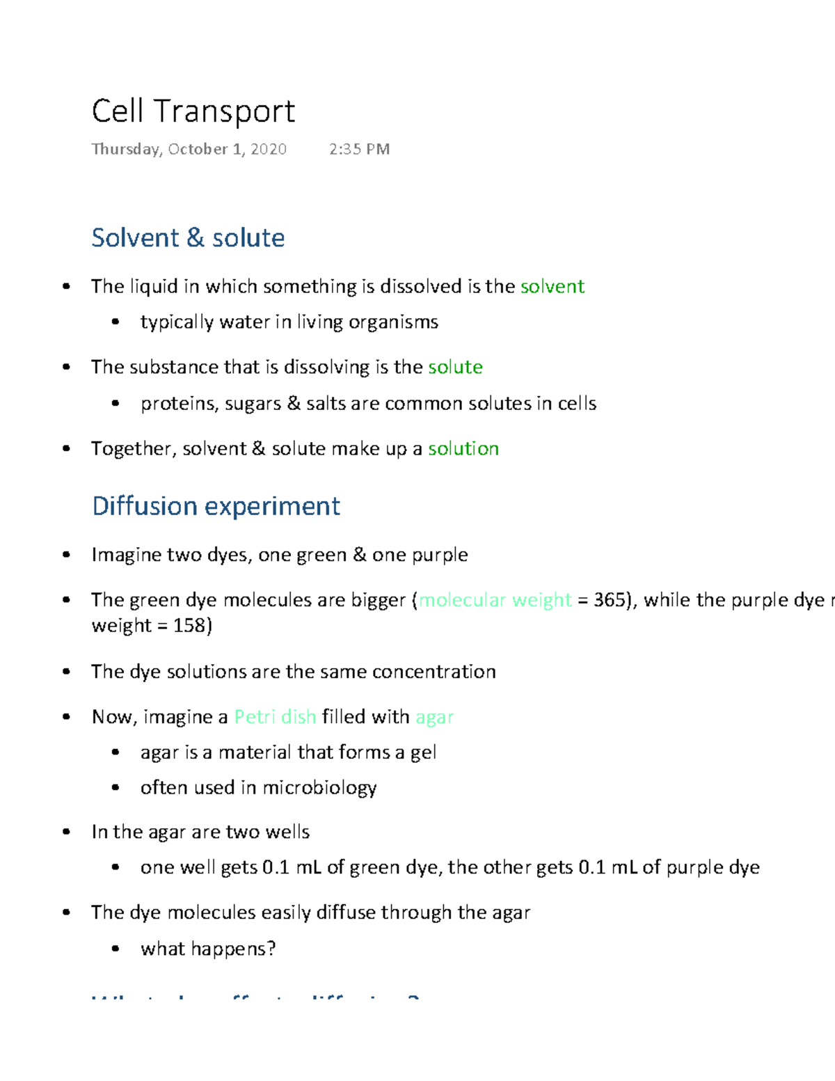 Cell Transport - notes - Solvent & solute The liquid in which something ...