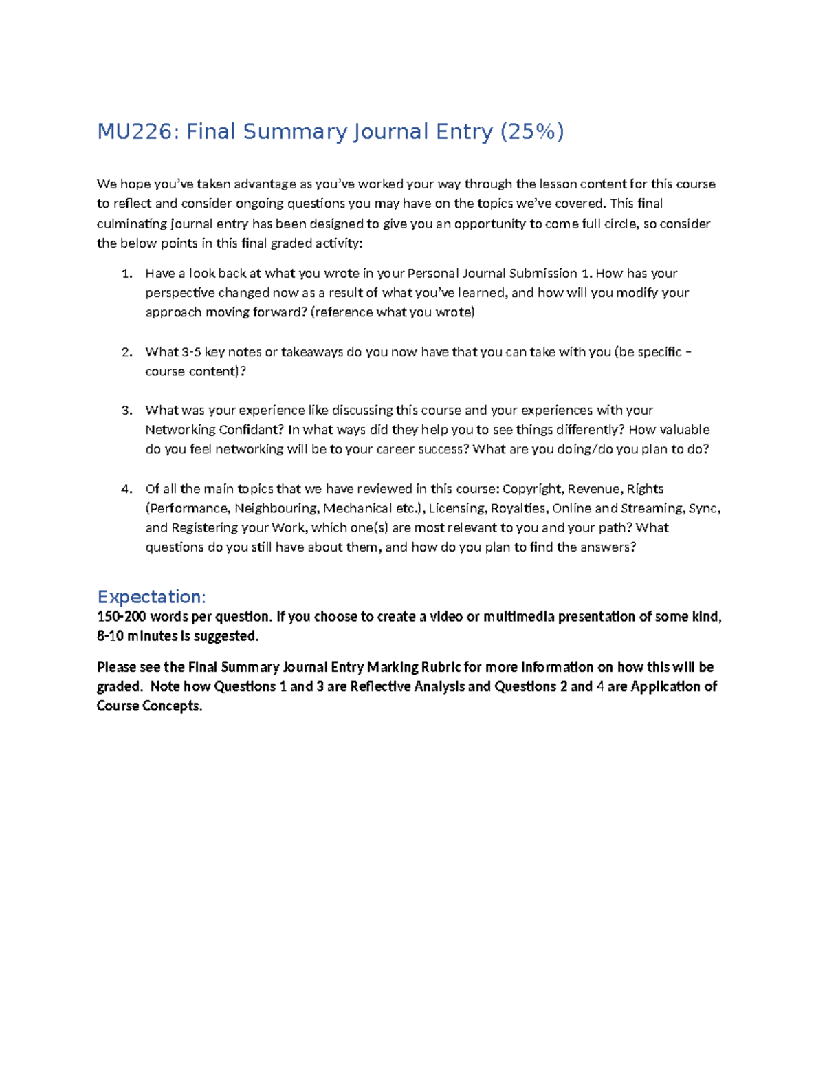 MU226 Final Journal - MU226: Final Summary Journal Entry (25%) We hope ...