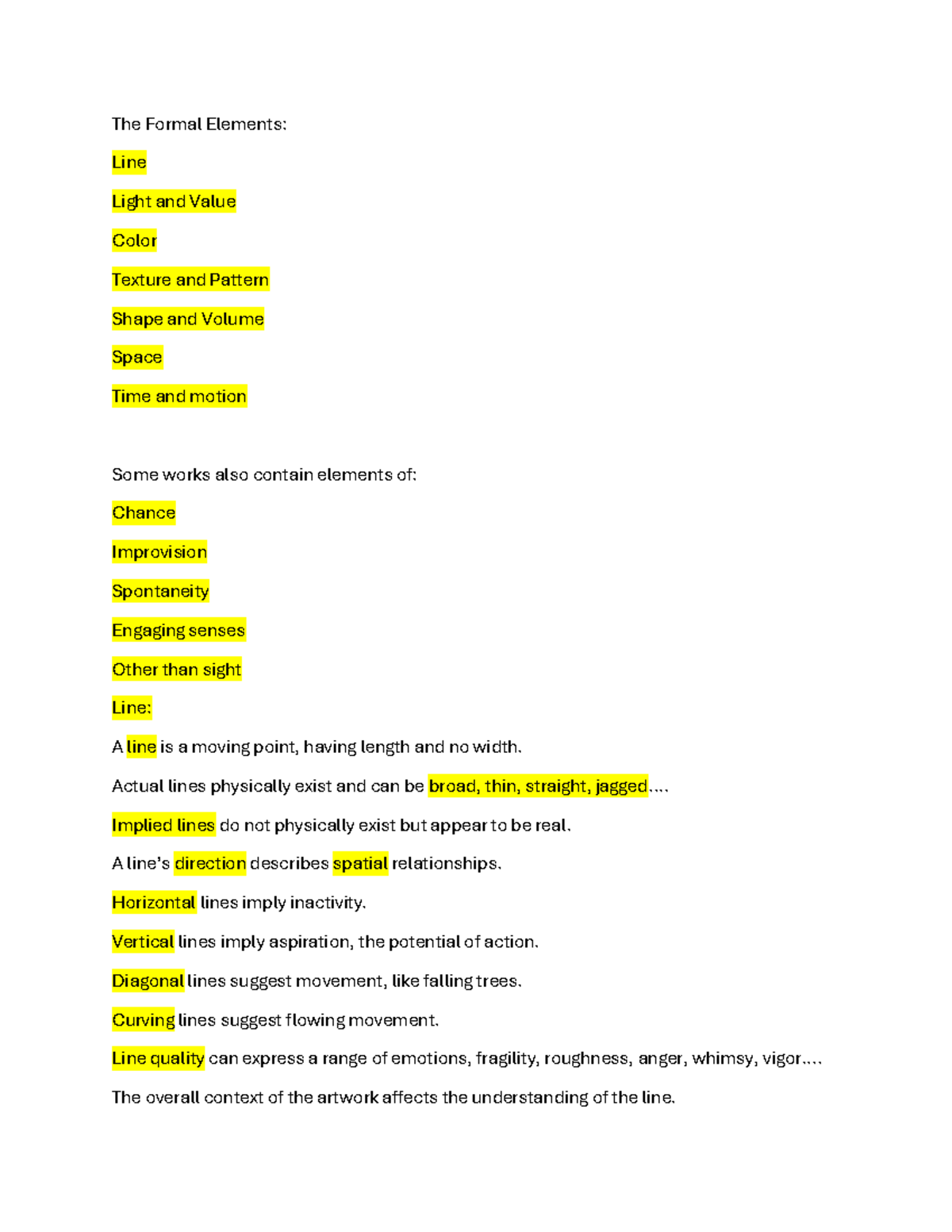Art in society week 2 notes - The Formal Elements: Line Light and Value ...