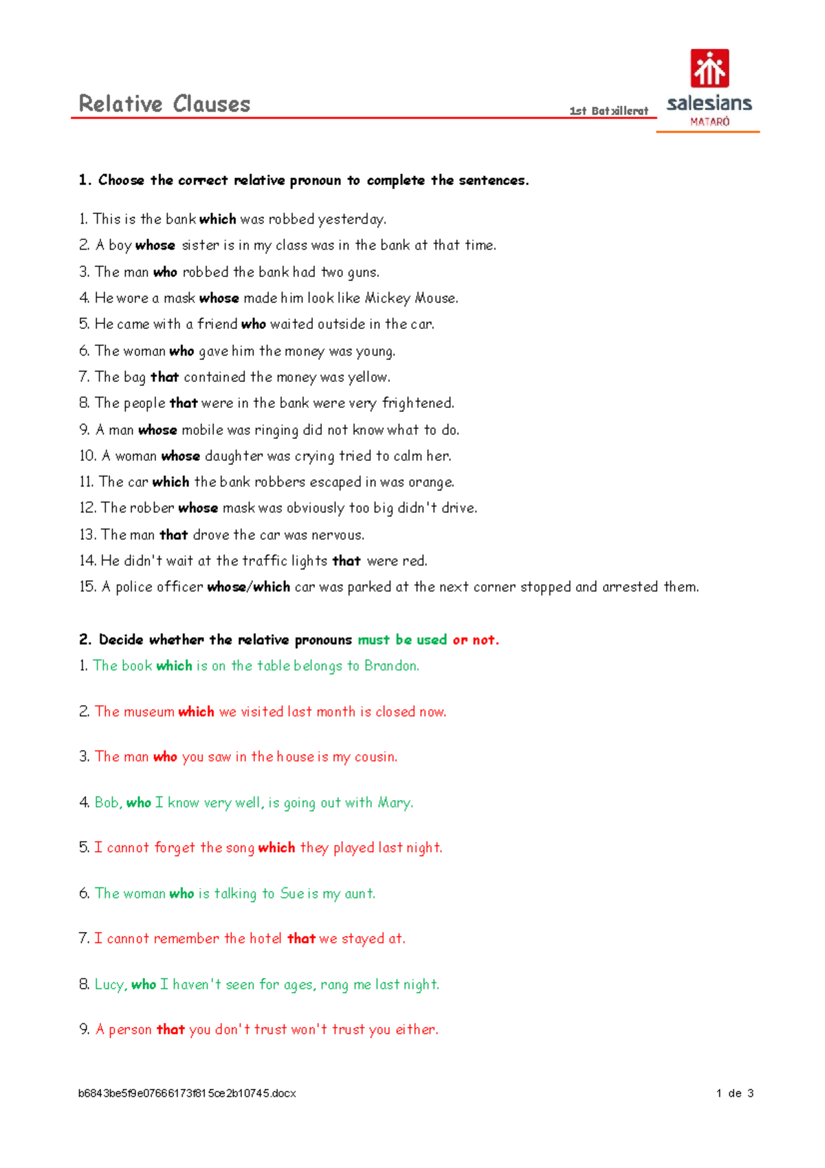 Relative clauses exercises - Relative Clauses 1st Batxillerat Choose the correct relative ...
