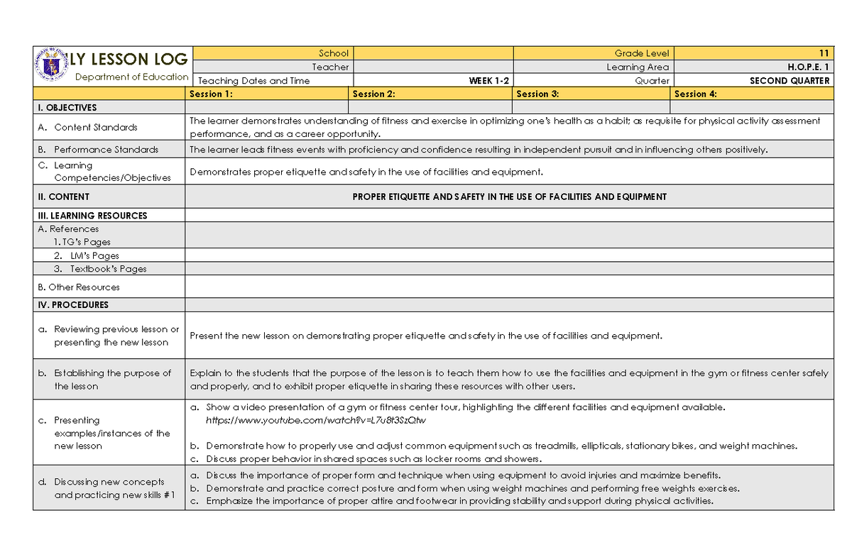 DLL Lesson Plan Physical Education - DAILY LESSON LOG Department of ...