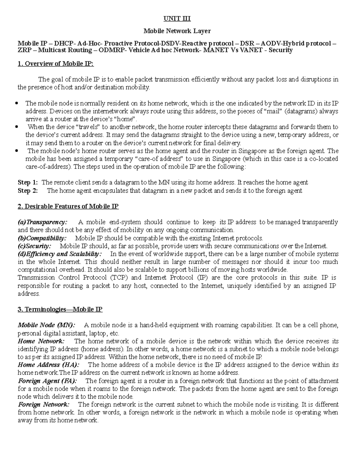 MC Notes - Unit 3 - Study material - UNIT III Mobile Network Layer ...