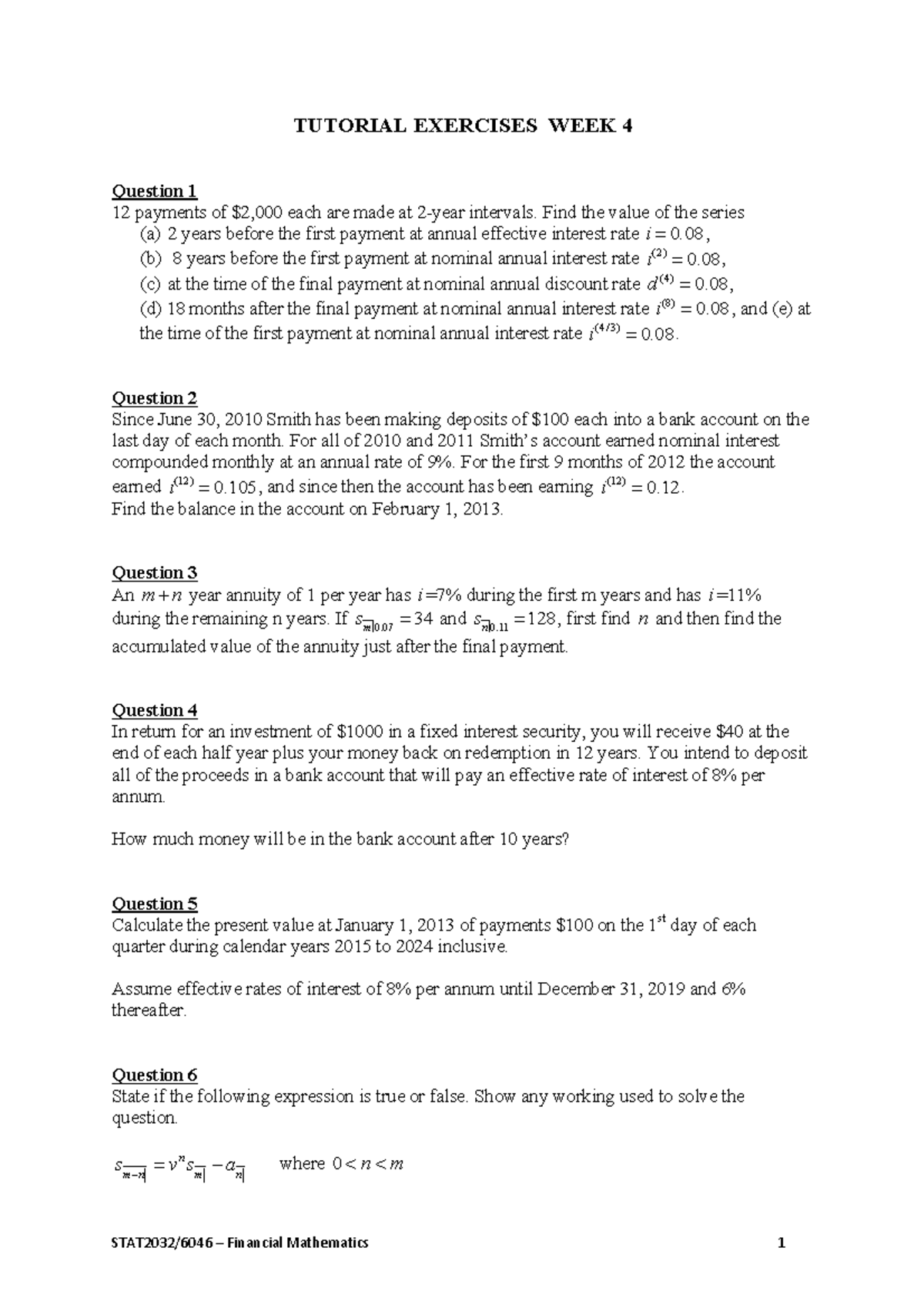 Week 4 - Tutorial Questions - TUTORIAL EXERCISES WEEK 4 Question 1 12 ...