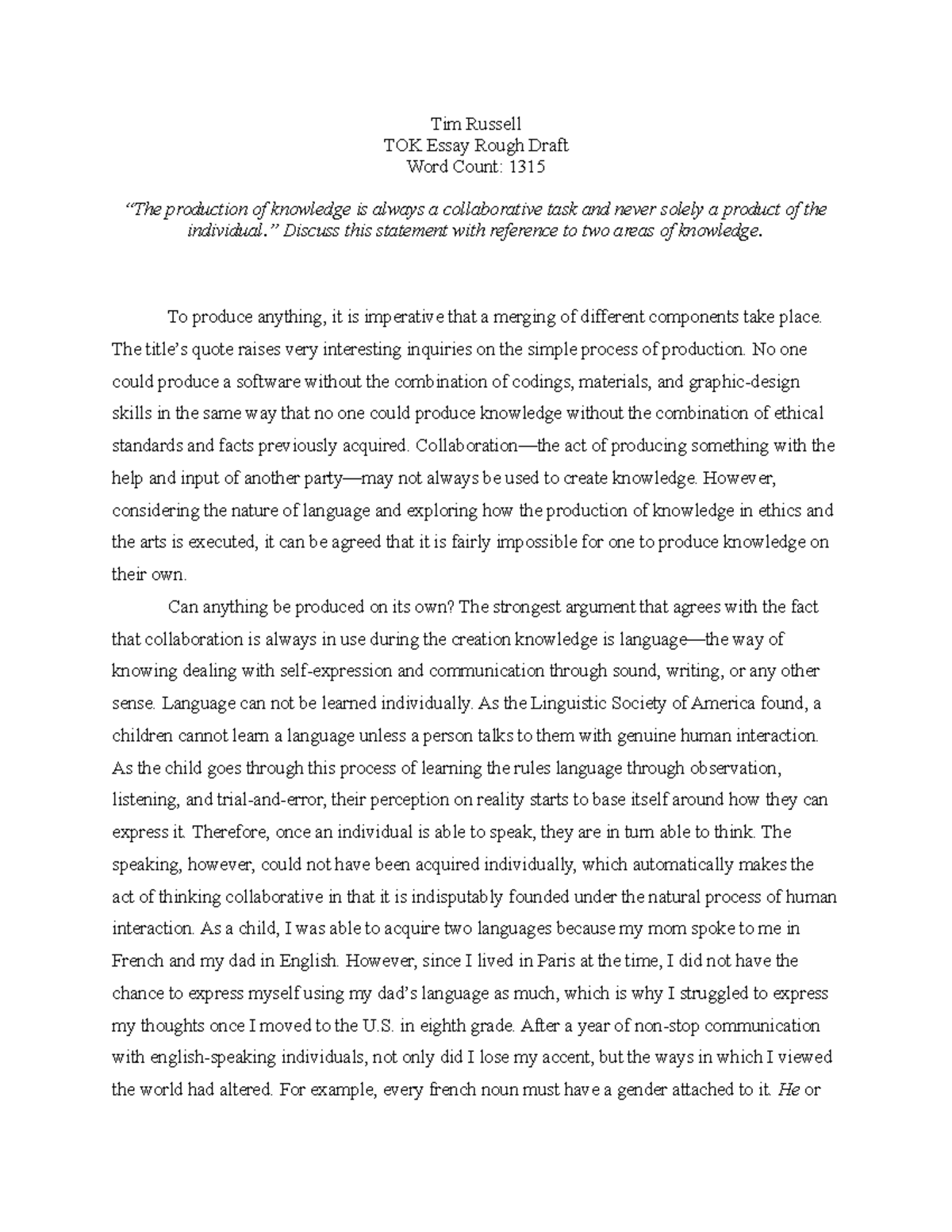 Tim Russell TOK essay - Tim Russell TOK Essay Rough Draft Word Count ...