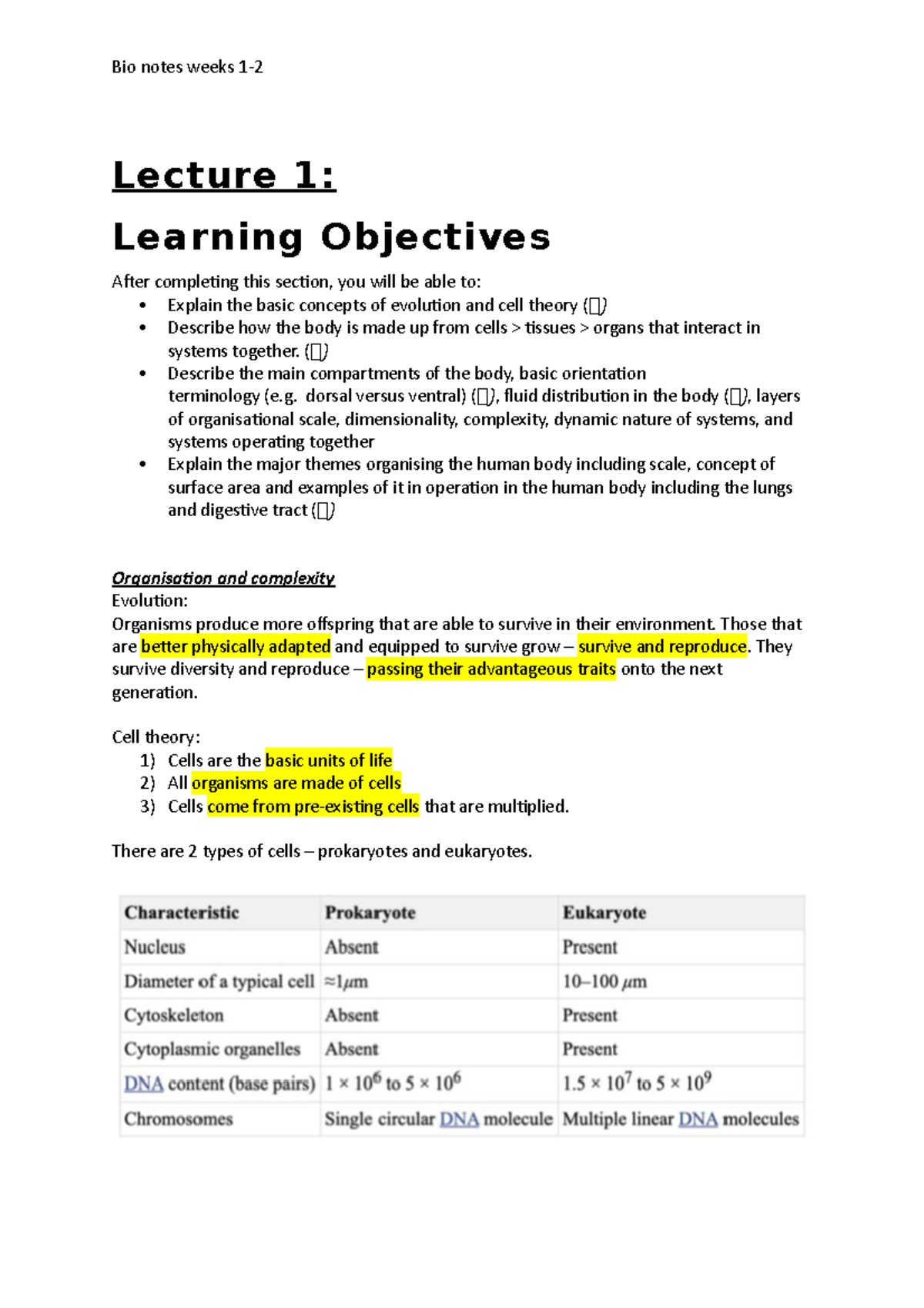 Biology week 1 and 2 notes - Lecture 1: Learning Objectives After ...