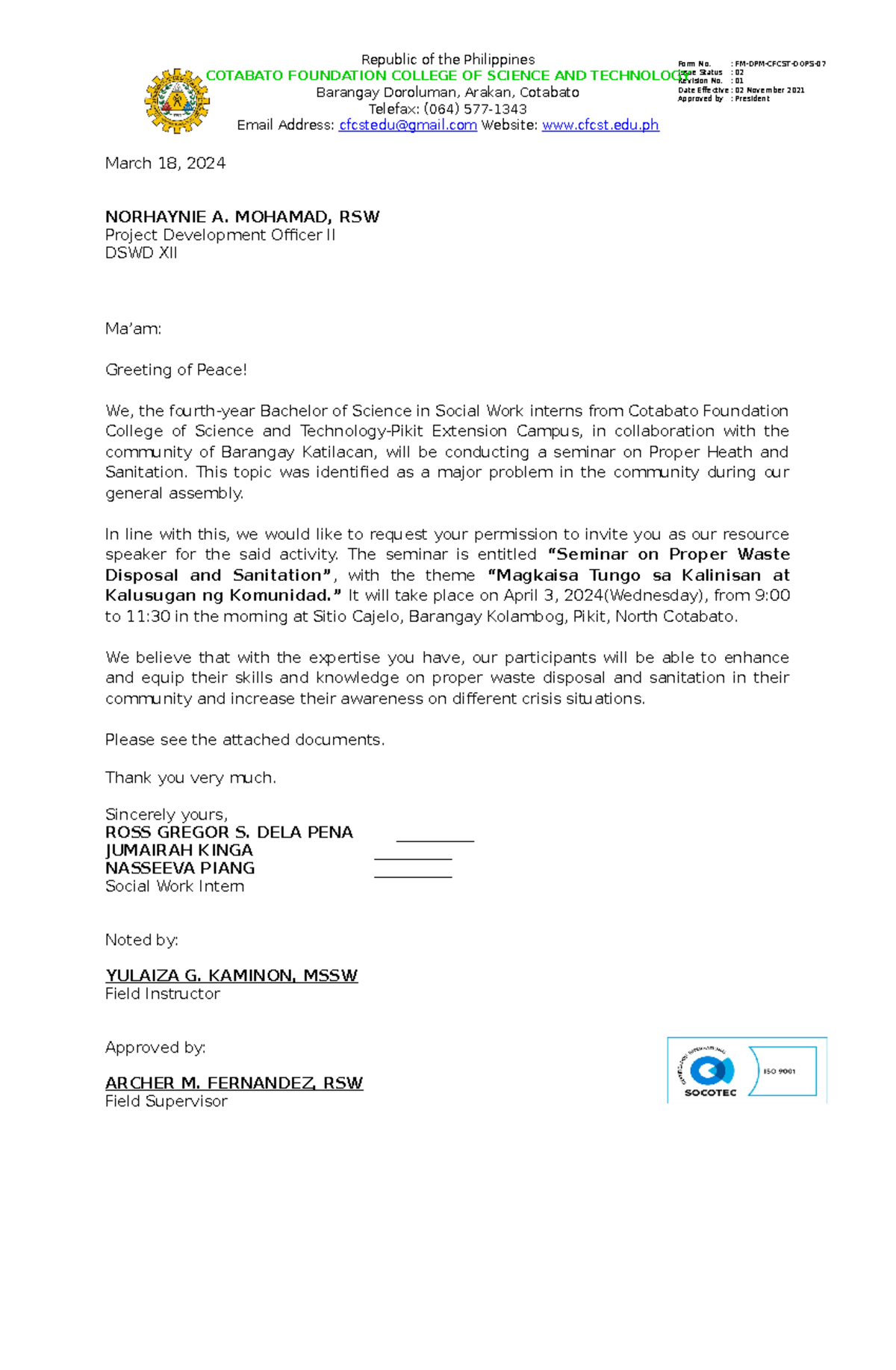 MAAM BENG Letter - taaaaaaaaaaaaaaeeee - Form No. : FM-DPM-CFCST-DOPS ...