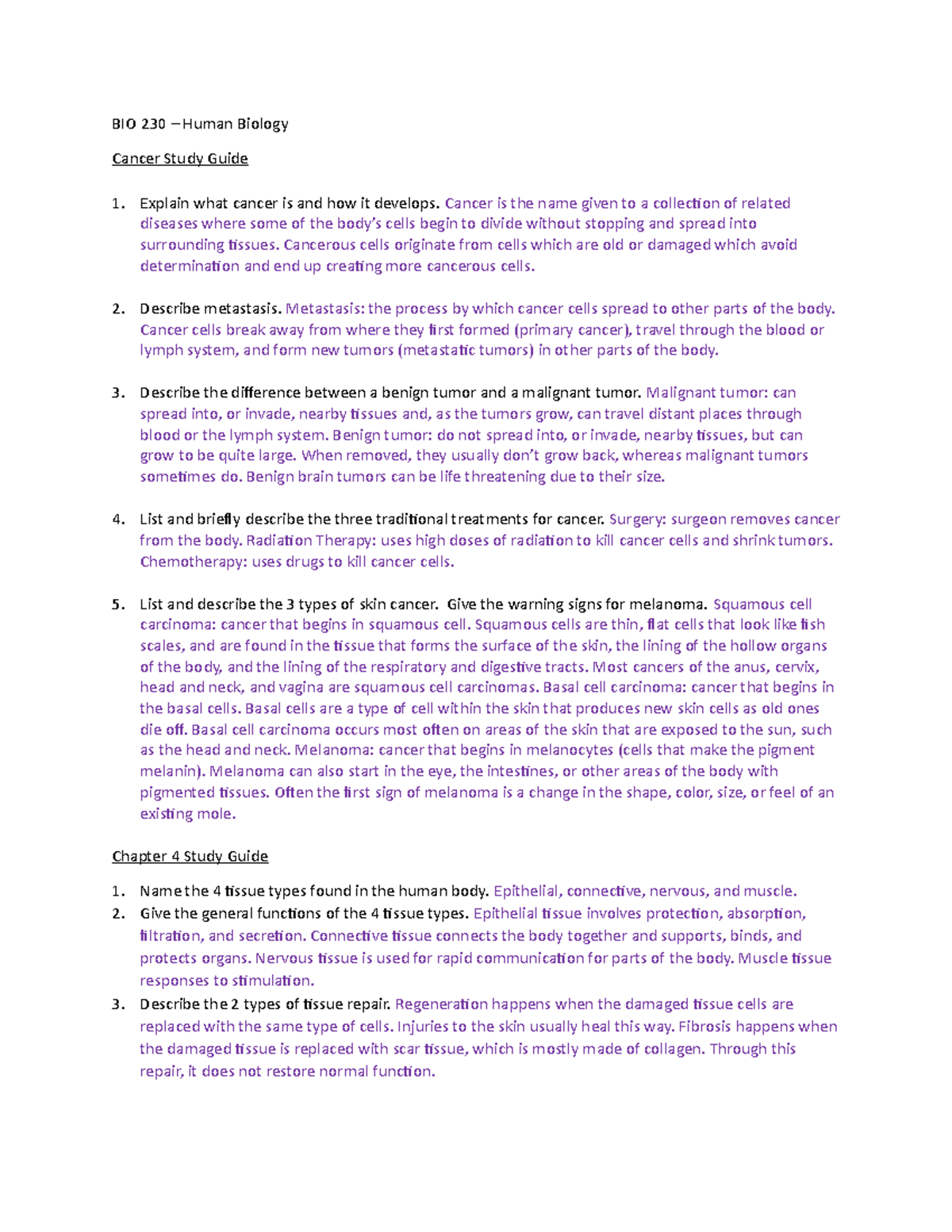 Chapter 4 and Cancer - BIO 230 – Human Biology Cancer Study Guide ...
