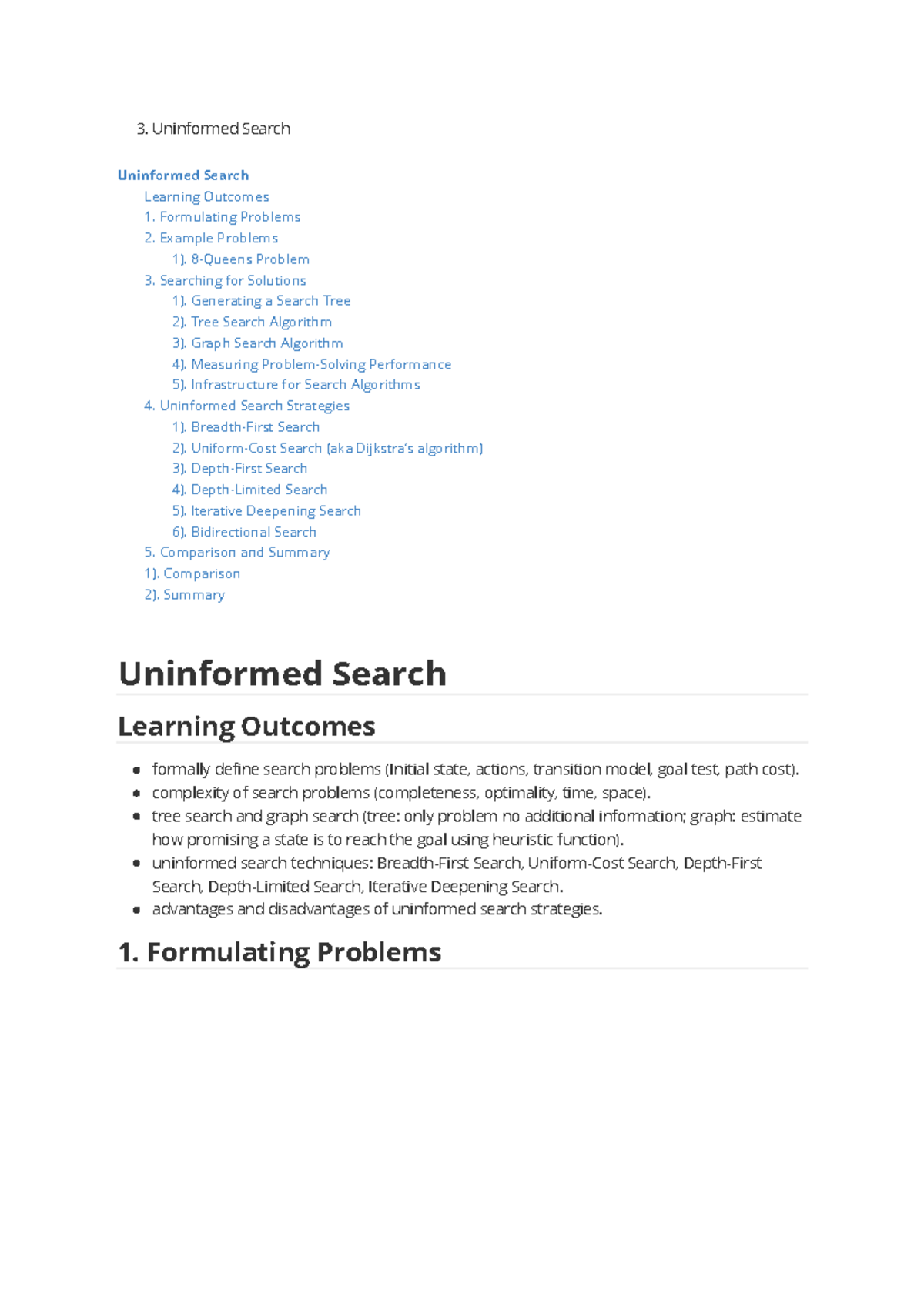 A summary of the entire section of search - Uninformed Search ...