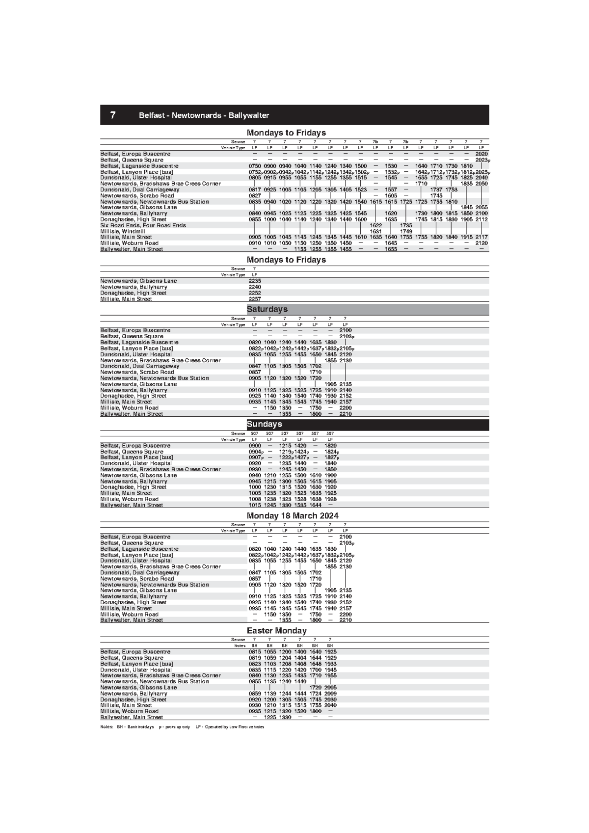 Timetable Ulsterbus 7 Belfast - Newtownards - Ballywalter 01-September ...