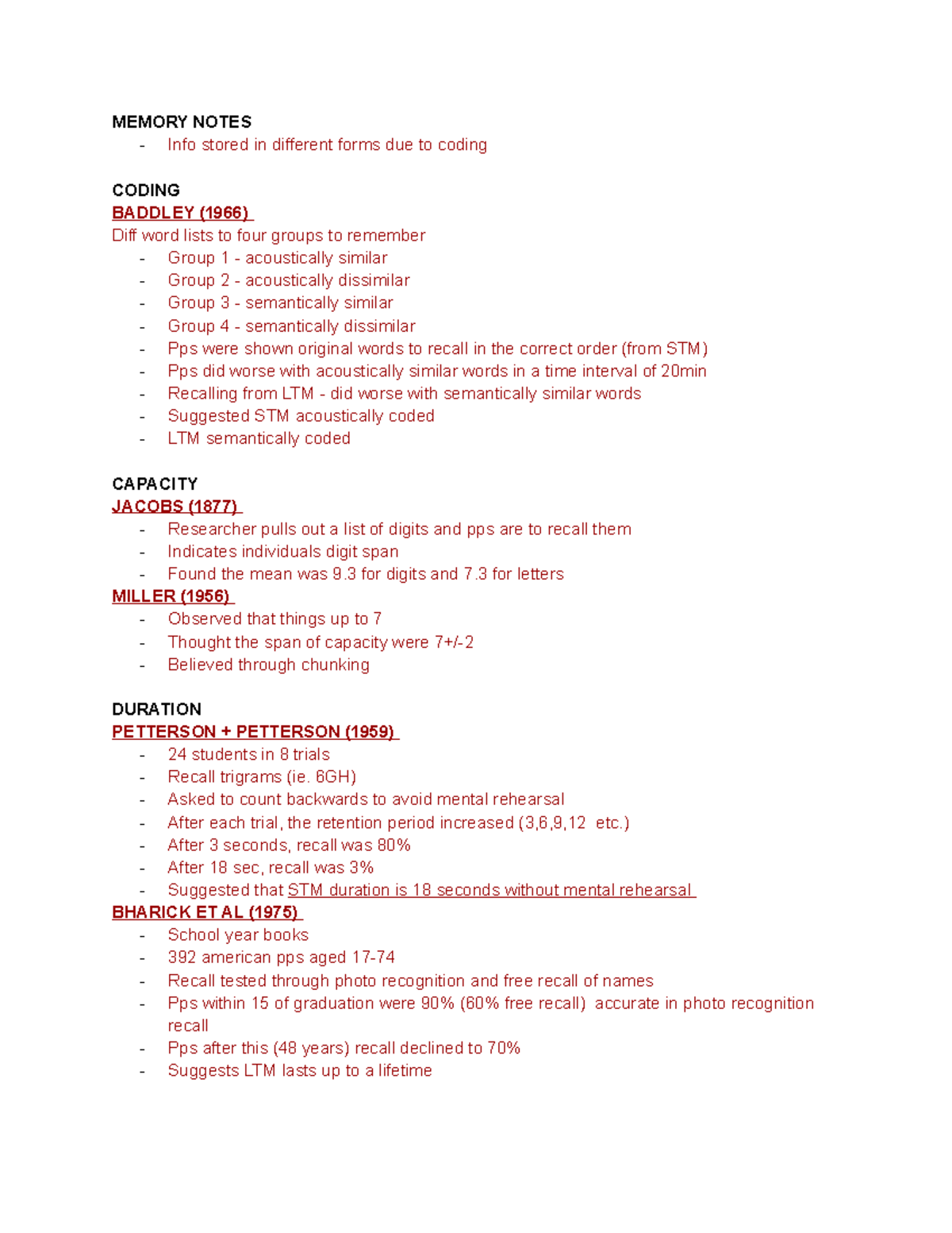 Memory notes - MEMORY NOTES Info stored in different forms due to ...