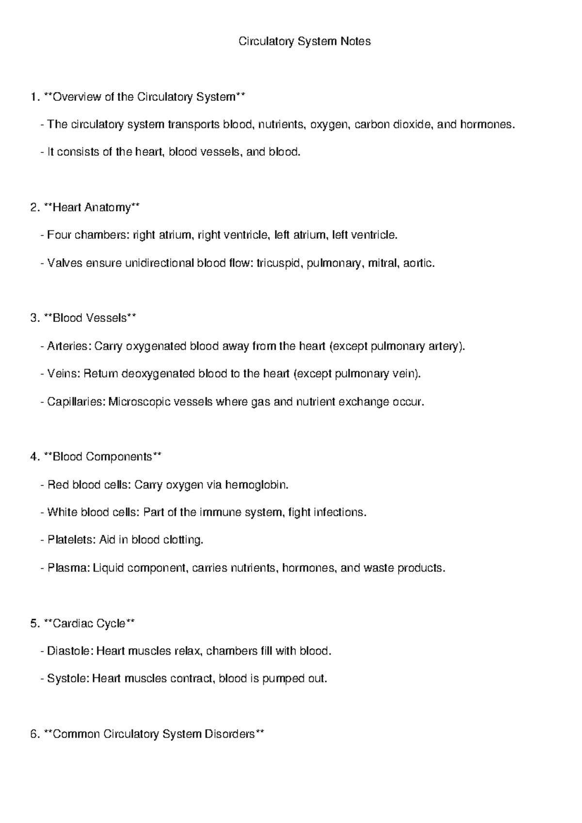 Circulatory system notes - Circulatory System Notes Overview of the ...