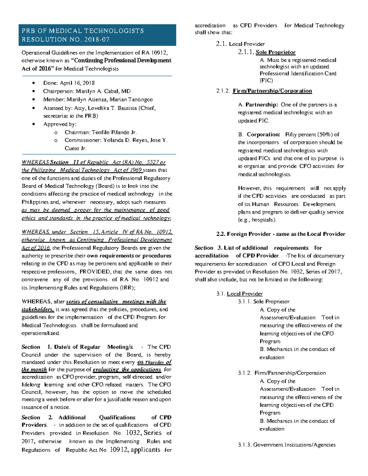 PRB of Medical Technologists Resolution No - PRB OF MEDICAL ...