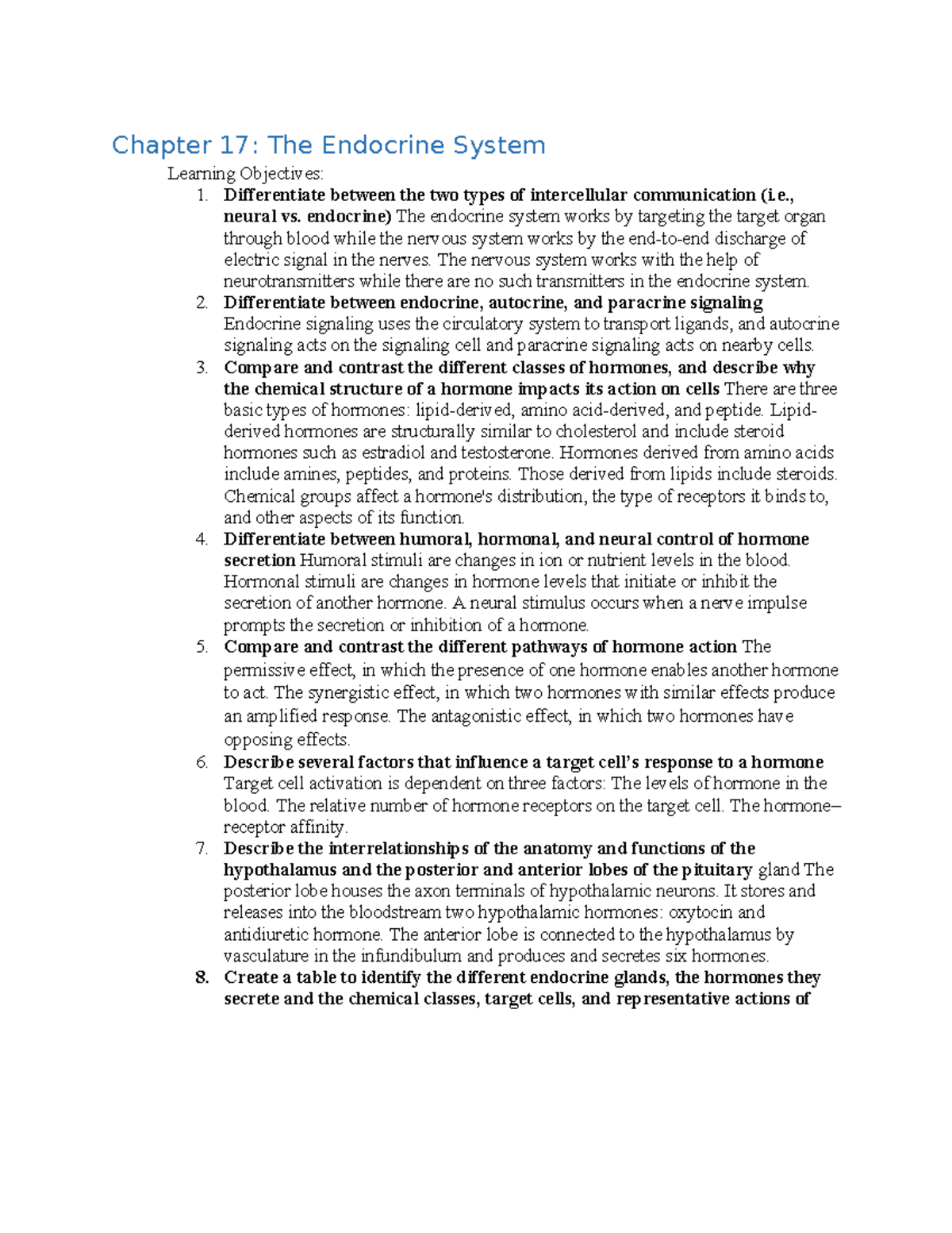 Chapter 17 Study Guide - Chapter 17: The Endocrine System Learning ...