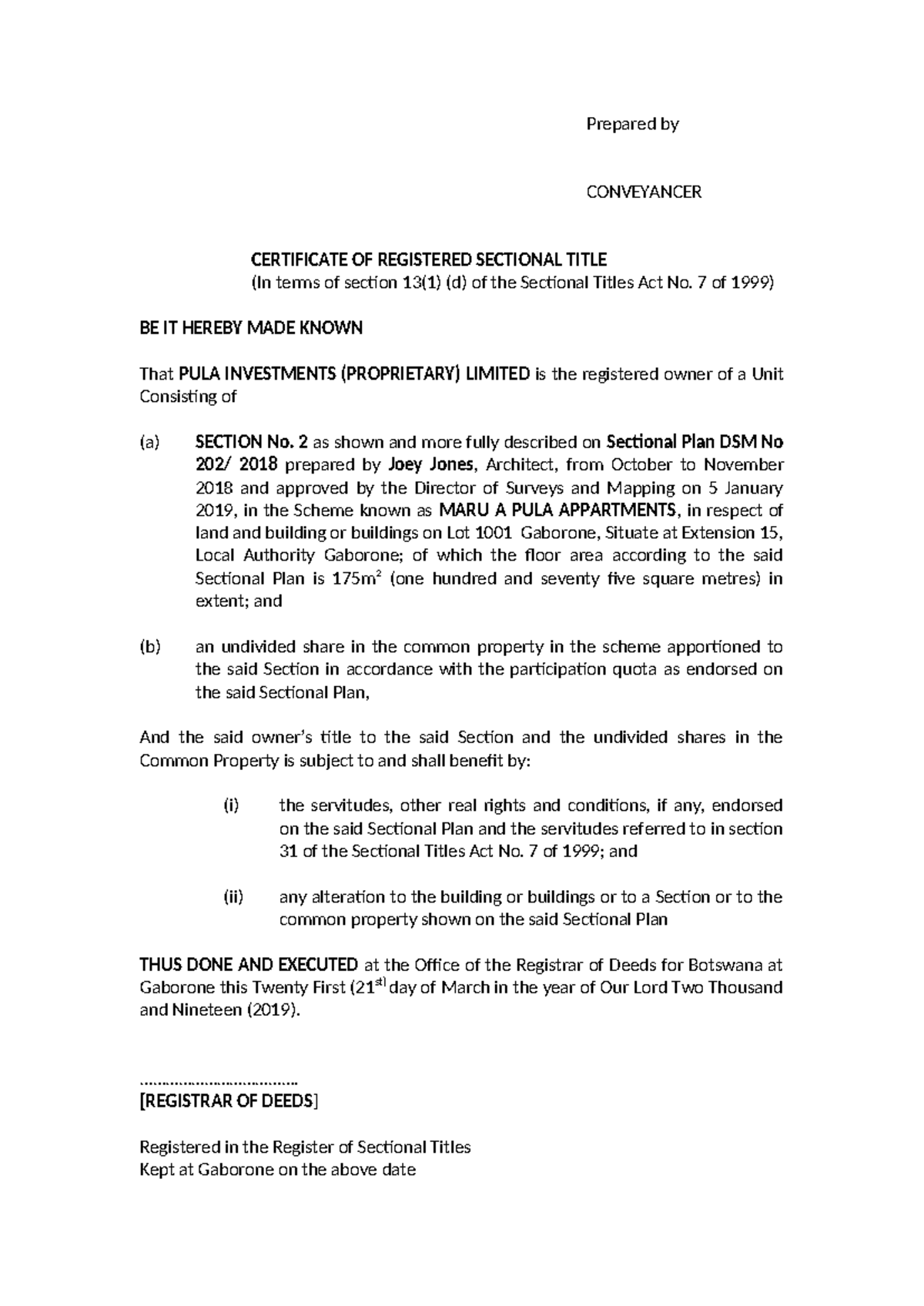 Model Certificate of Registered Sectional Title - Prepared by CONVEYANCER CERTIFICATE OF ...