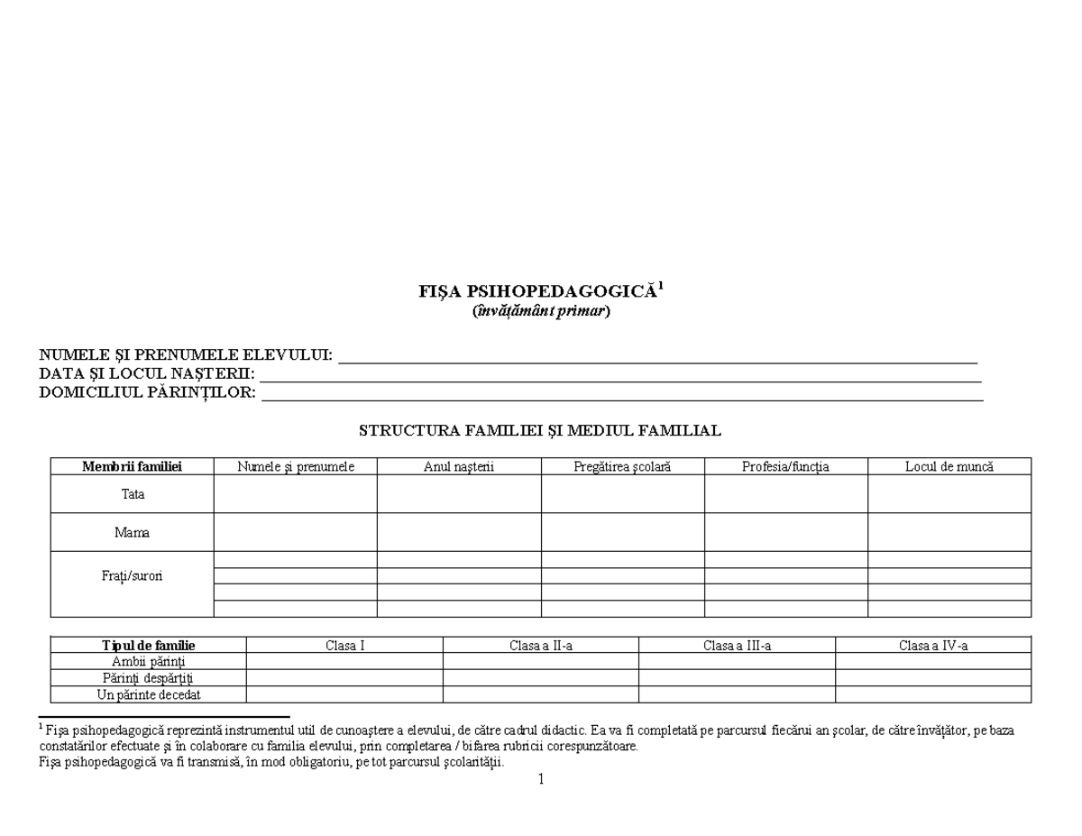 8 fisa psihopedagogica - FIŞA PSIHOPEDAGOGICĂ 1 (învăţământ primar ...