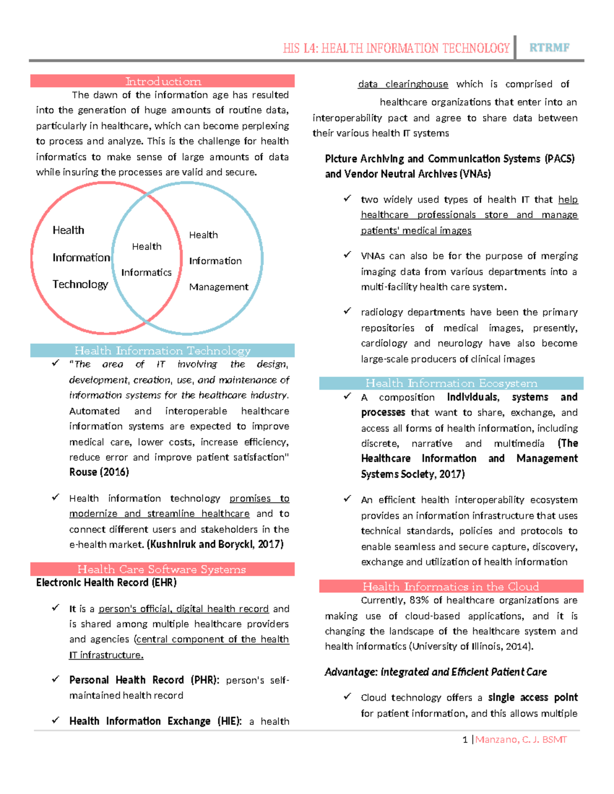 HIS L4 - notes for HIS LESSON 4 - HIS L4: HEALTH INFORMATION TECHNOLOGY ...