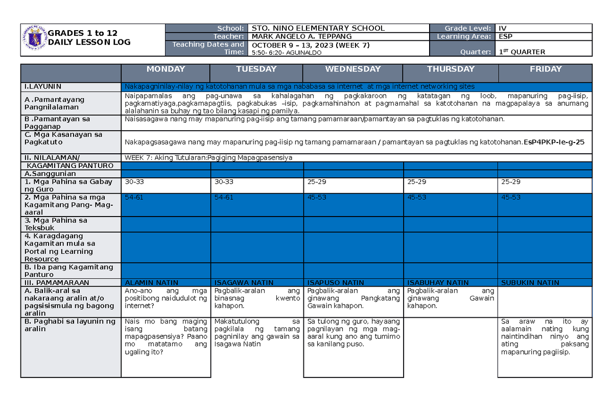 DLL ESP 4 Q1 W7 - DLL - GRADES 1 to 12 DAILY LESSON LOG School: STO. NINO ELEMENTARY SCHOOL ...