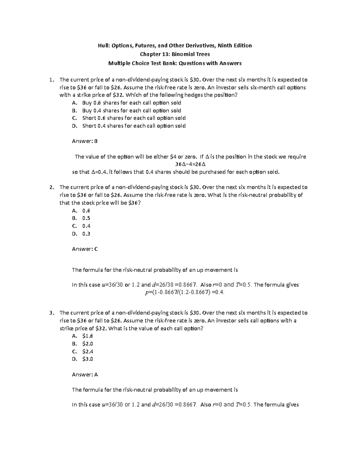 Hull OFOD9e Multiple Choice Questions and Answers Ch13 - Hull: Options ...