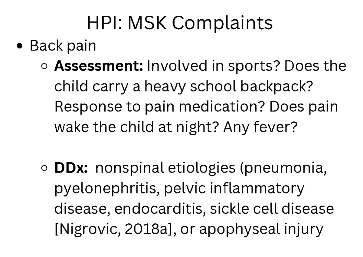 Exam 3 P Chiocca Cards Part p 464 - HPI: MSK Complaints Back pain ...