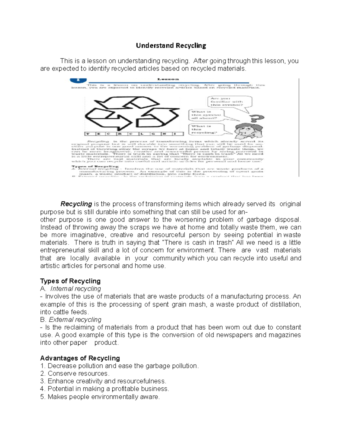 Understand Recycling - to help students. - Understand Recycling This is ...