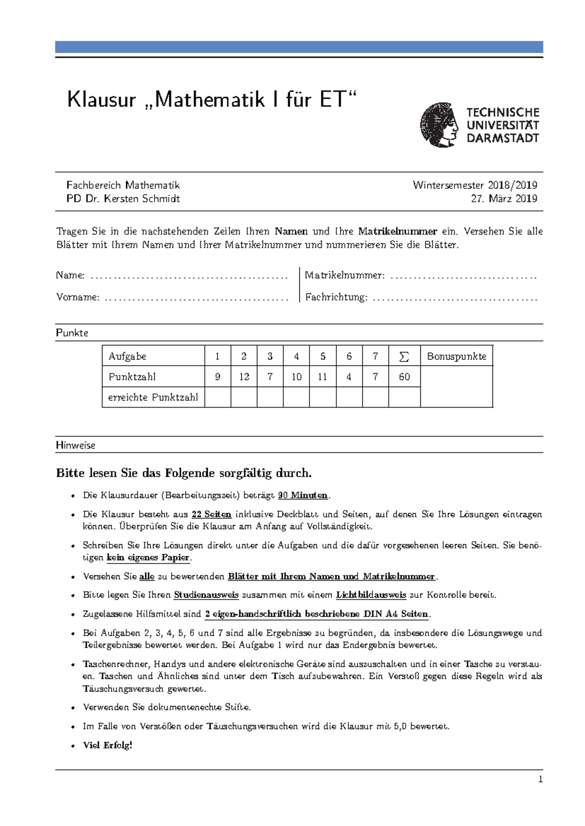 Mathe 1 Klausur (Lösung V1) - Klausur „Mathematik I für ET“ Fachbereich ...