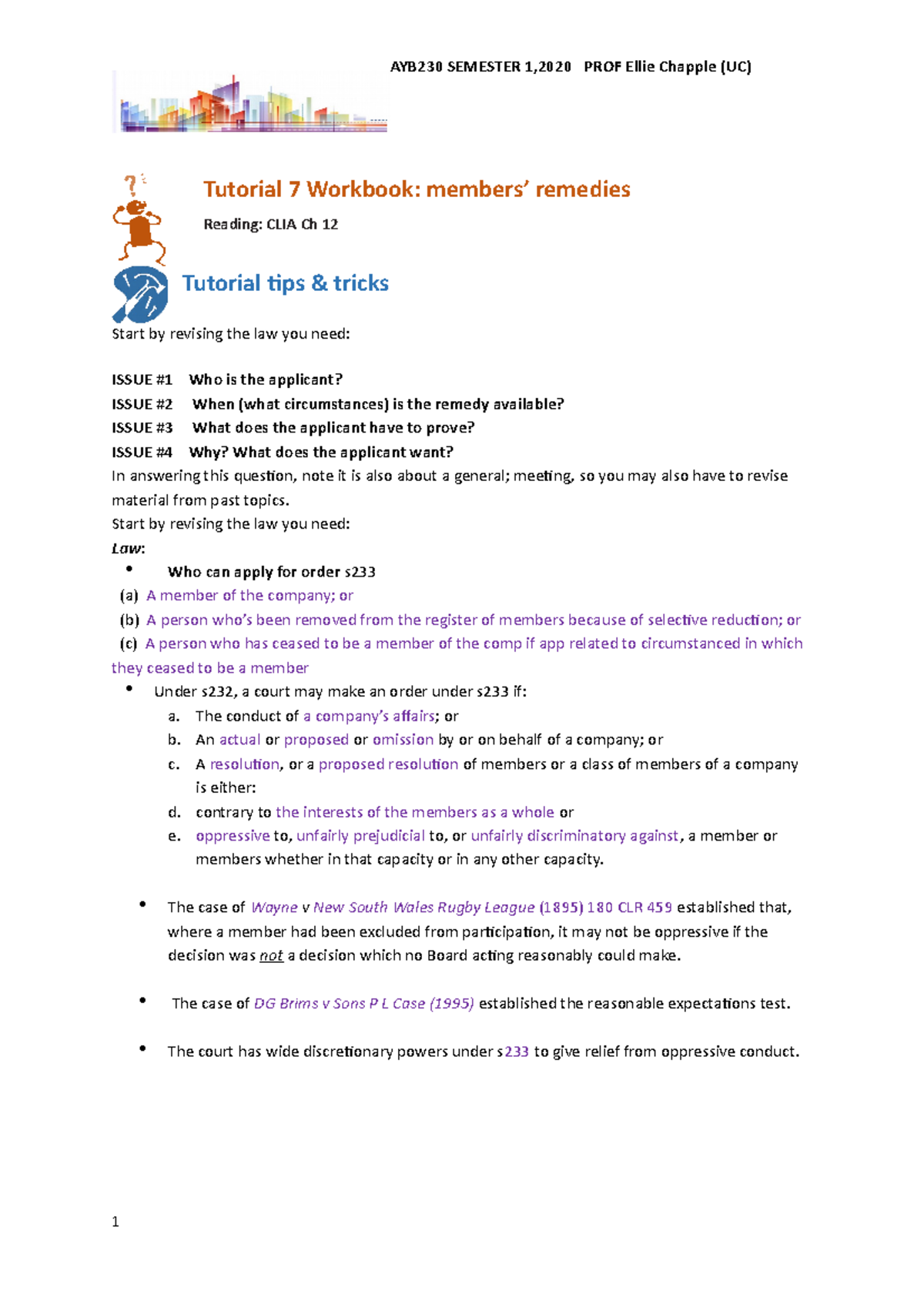 Tutorial 7 WB - AYB230 Questions - Tutorial 7 Workbook: members ...