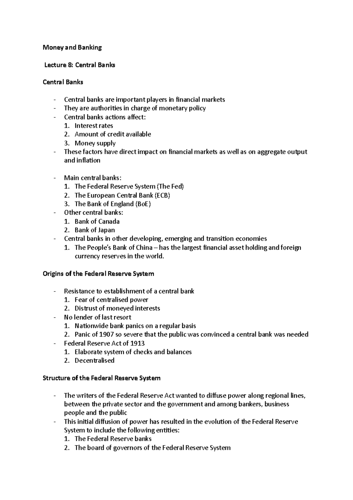 Lecture 8 - Money and Banking Lecture 8: Central Banks Central Banks ...