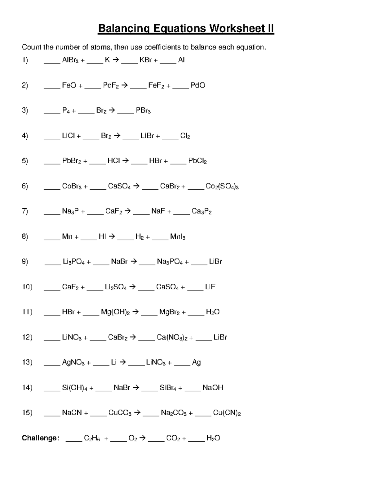Balancing equations 26 - Balancing Equations Worksheet II Count the ...