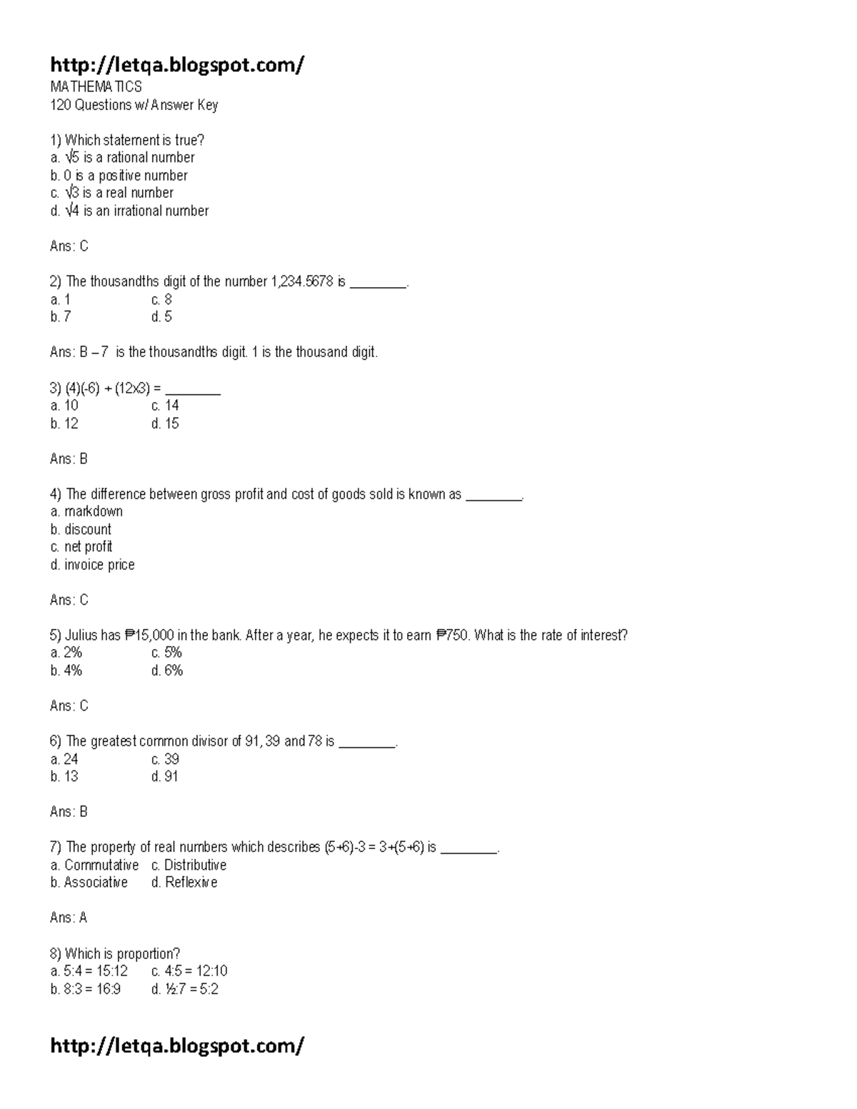 Mathematics - None - MATHEMATICS 120 Questions w/ Answer Key Which ...