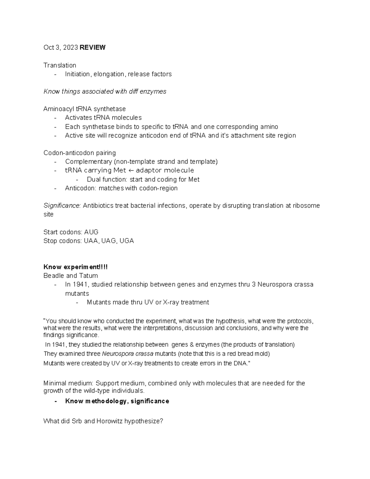Bio Midterm 2 - lec - Oct 3, 2023 REVIEW Translation - Initiation ...
