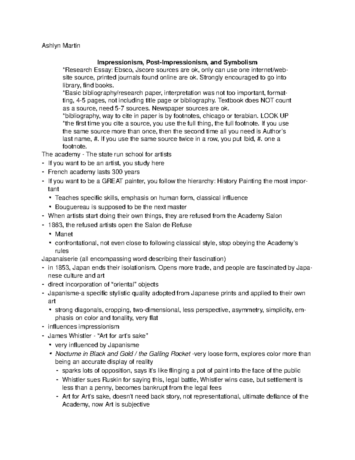 Notes 3:24:2015 - Ashlyn Martin Impressionism, Post-Impressionism, and ...