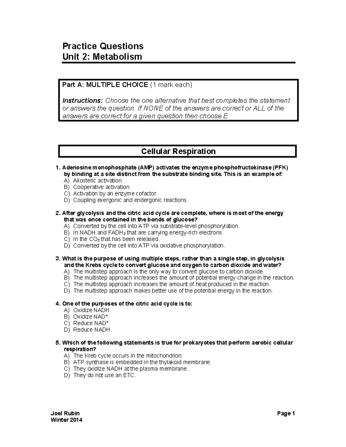 BZE Practice Questions metabolism-photosynthesis - Practice Questions Unit 2: Metabolism Part A ...