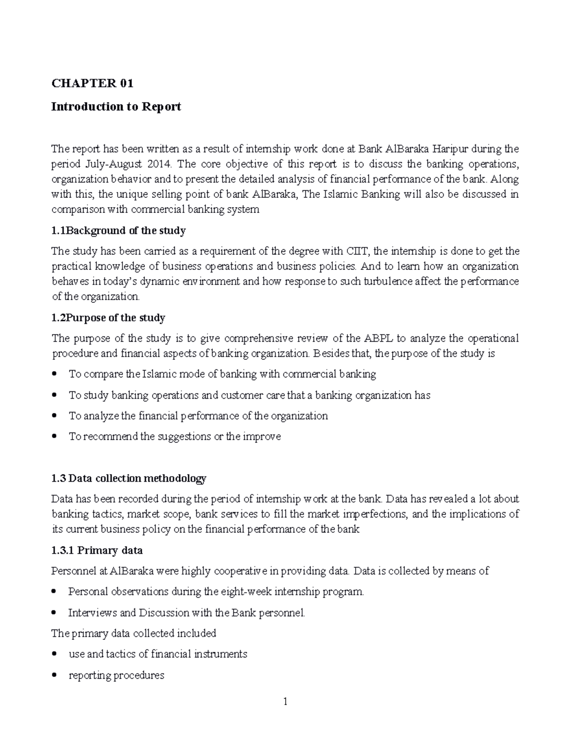 internship report - CHAPTER 01 Introduction to Report The report has ...