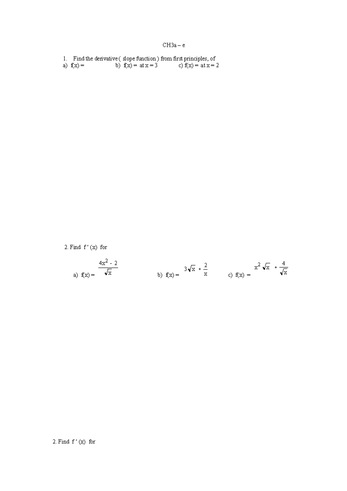 Maths Chapter 3 - Calculus - MATHS 1011 - CH3a – e Find the derivative ...