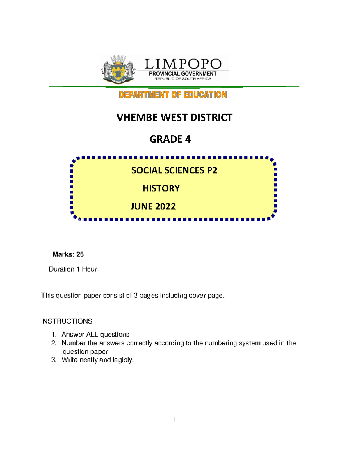Edit - Notes - 1 VHEMBE WEST DISTRICT GRADE 4 Marks: 25 Duration 1 Hour ...
