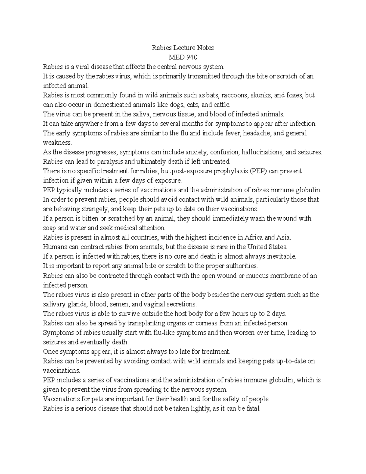 Rabies Lecture Notes - It is caused by the rabies virus, which is ...