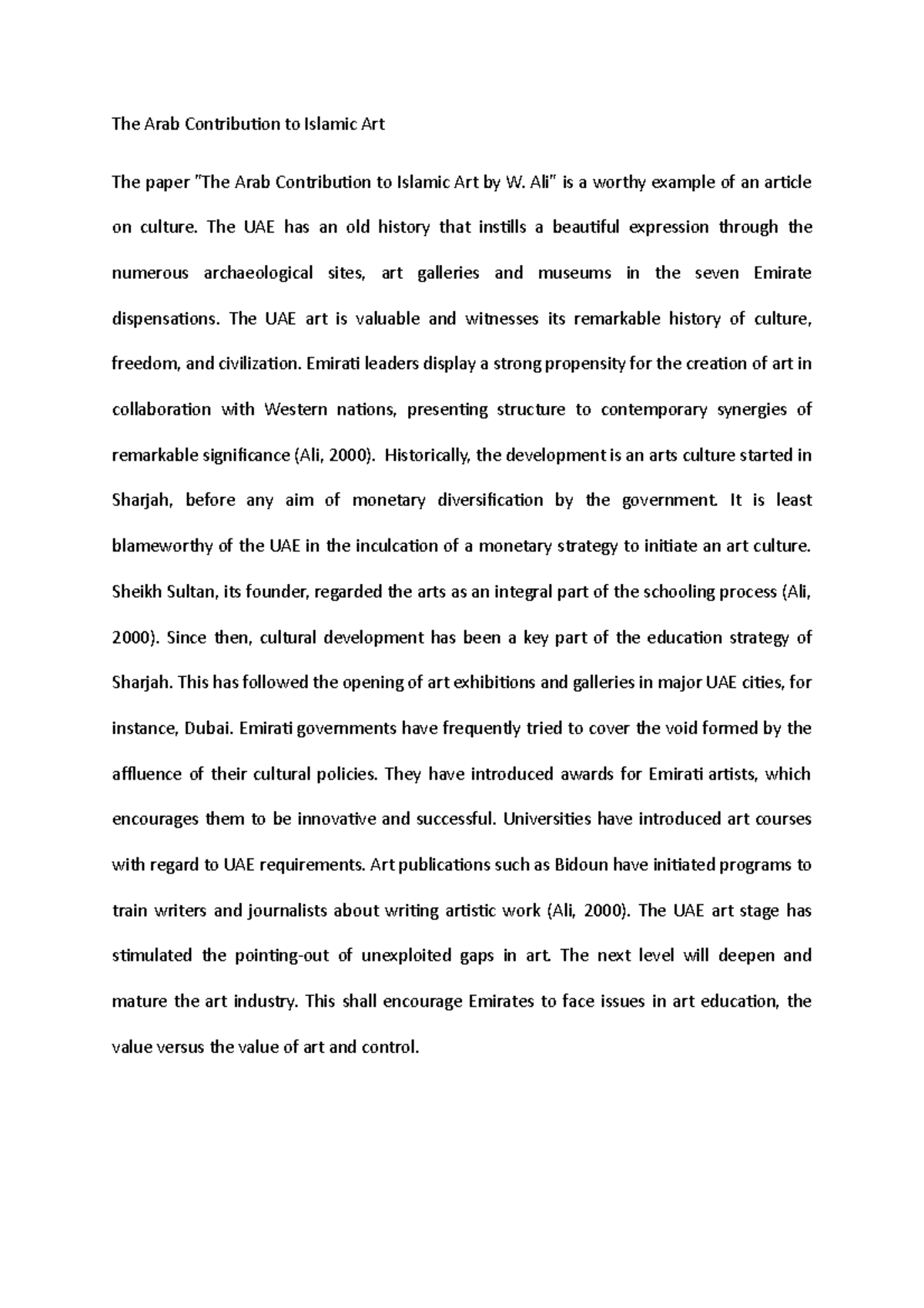 The Arab Contribution to Islamic Art - Ali" is a worthy example of an ...