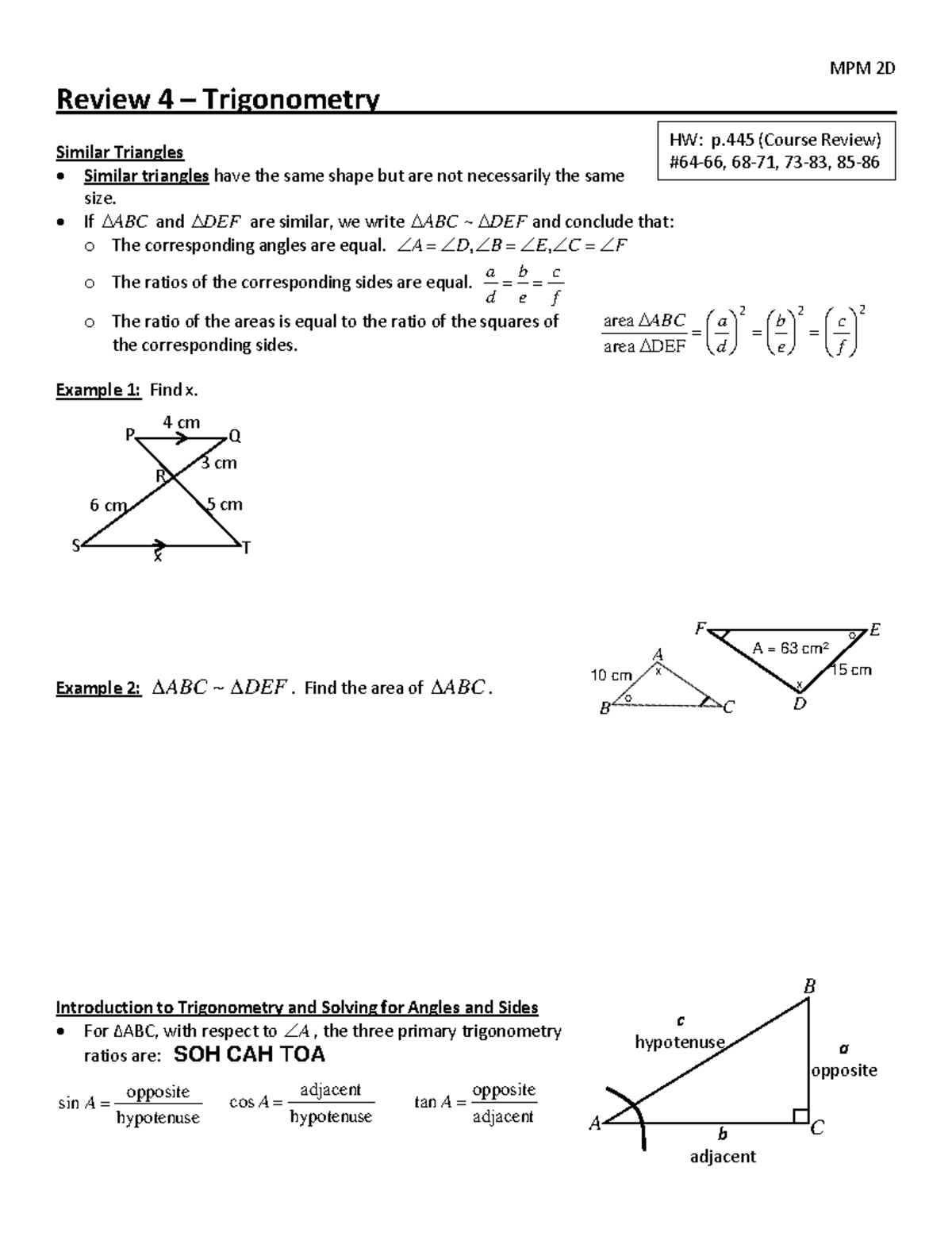 Review 4 - Trigonometry - MPM 2D Review 4 – Trigonometry Similar ...