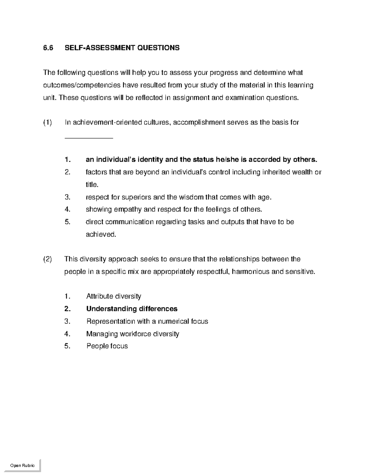 Self Assessment Learning 6Feedback - 6 SELF-ASSESSMENT QUESTIONS The ...