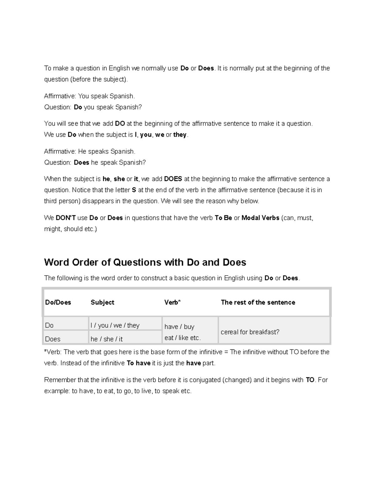 Do and Does - Practice the verbs in the past - To make a question in ...