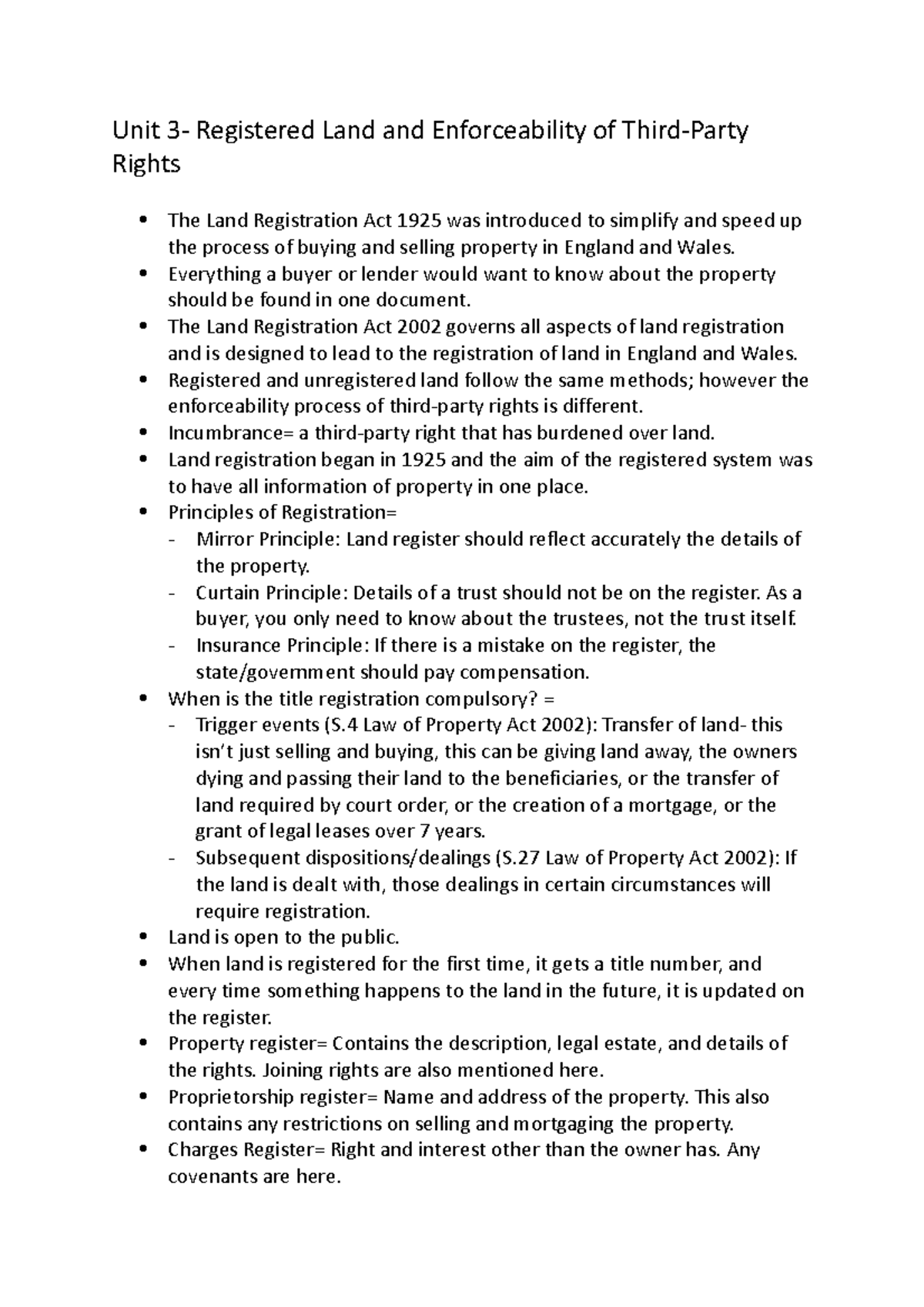 Land Unit 3 - land - Unit 3- Registered Land and Enforceability of ...