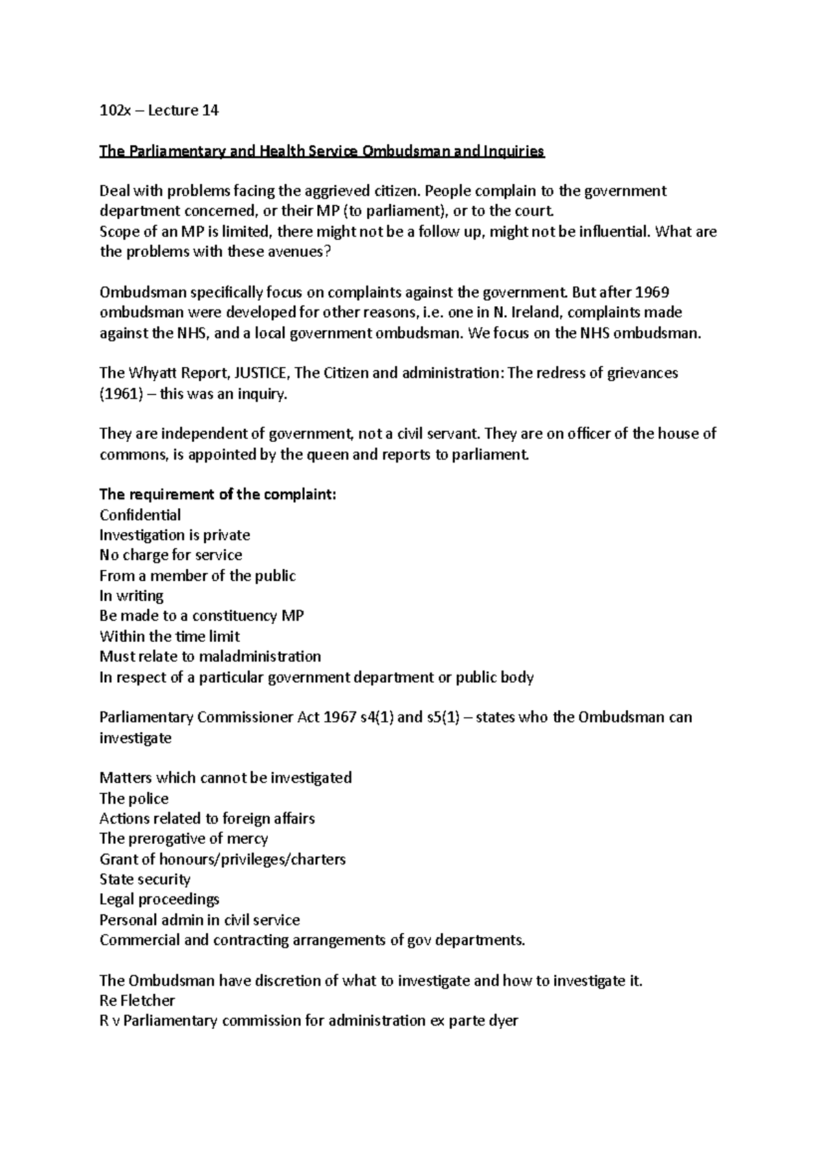 Ombudsman - Lecture notes 11 - 102x – Lecture 14 The Parliamentary and ...