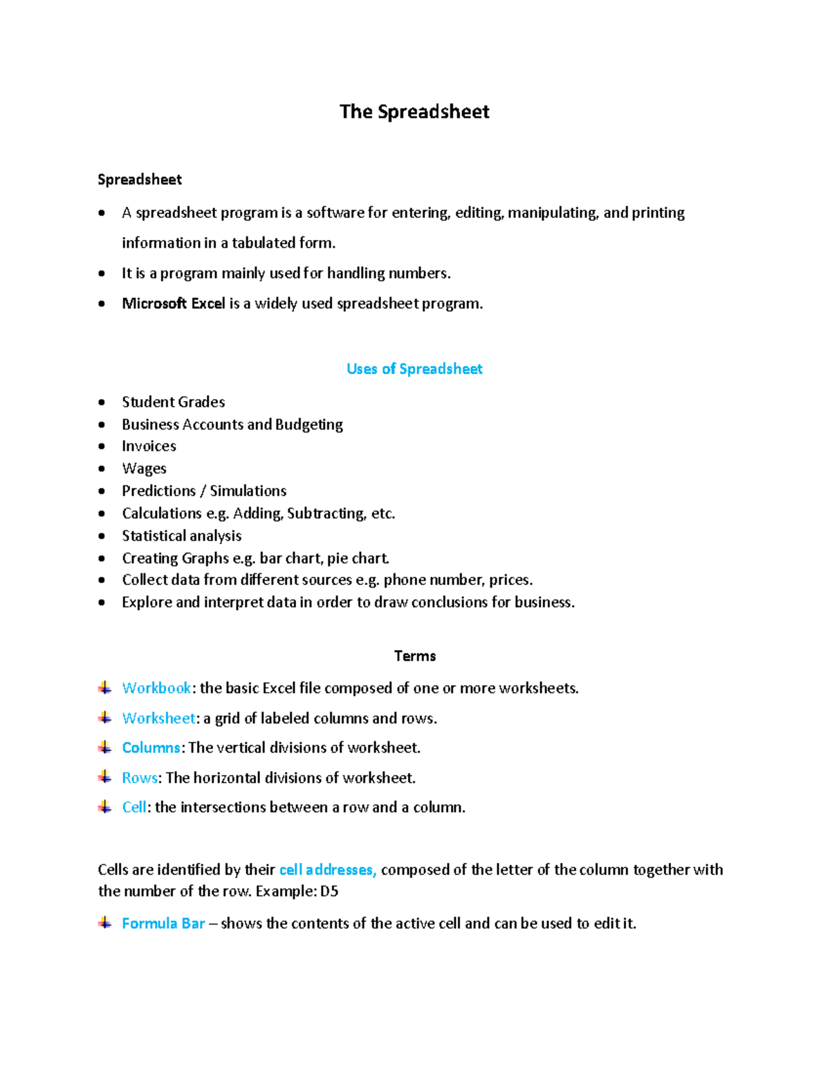 The Spreadsheet - Basic Computer Applications in Business - The Spreadsheet Spreadsheet A - Studocu