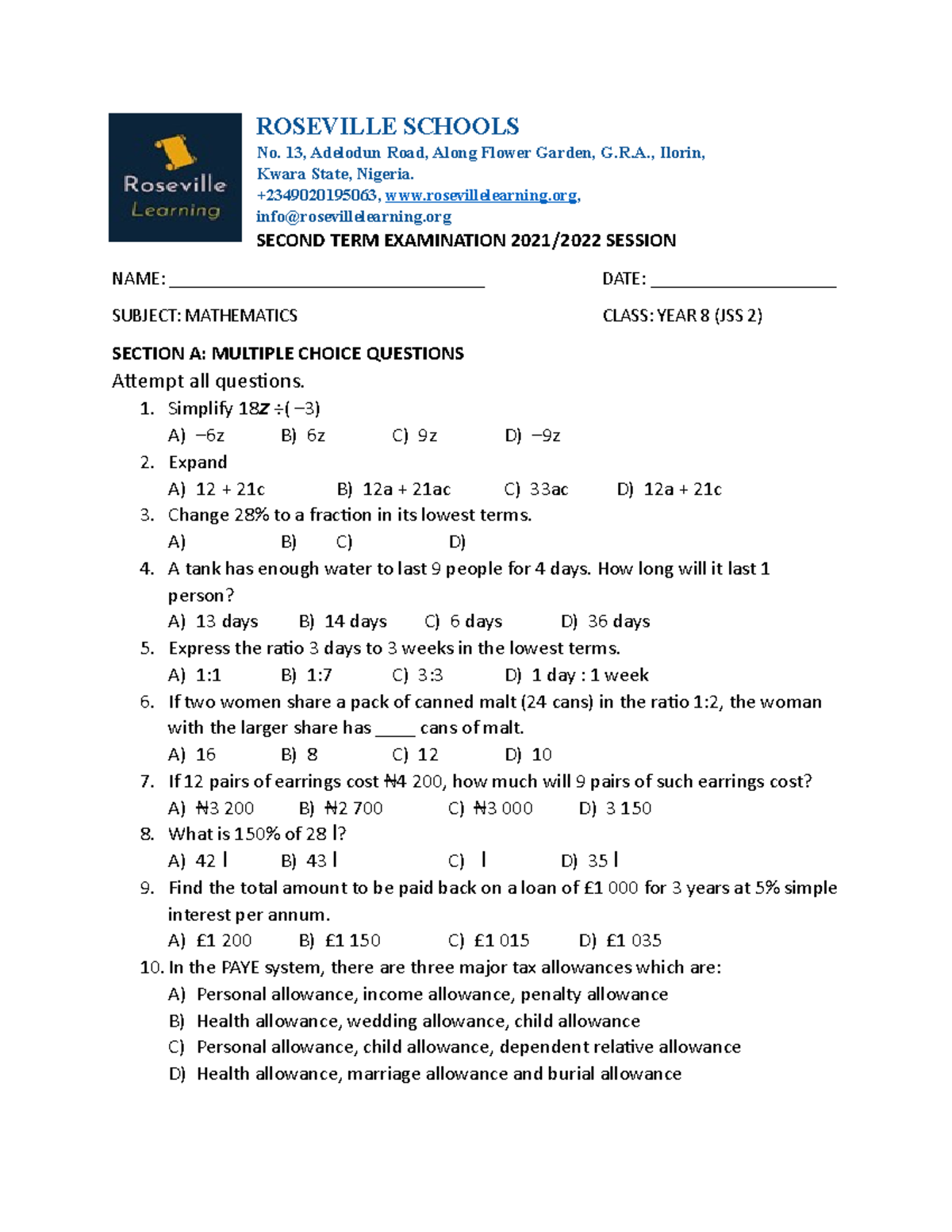 Y8, Exam, Second Term - Mathematics - ROSEVILLE SCHOOLS No. 13 ...