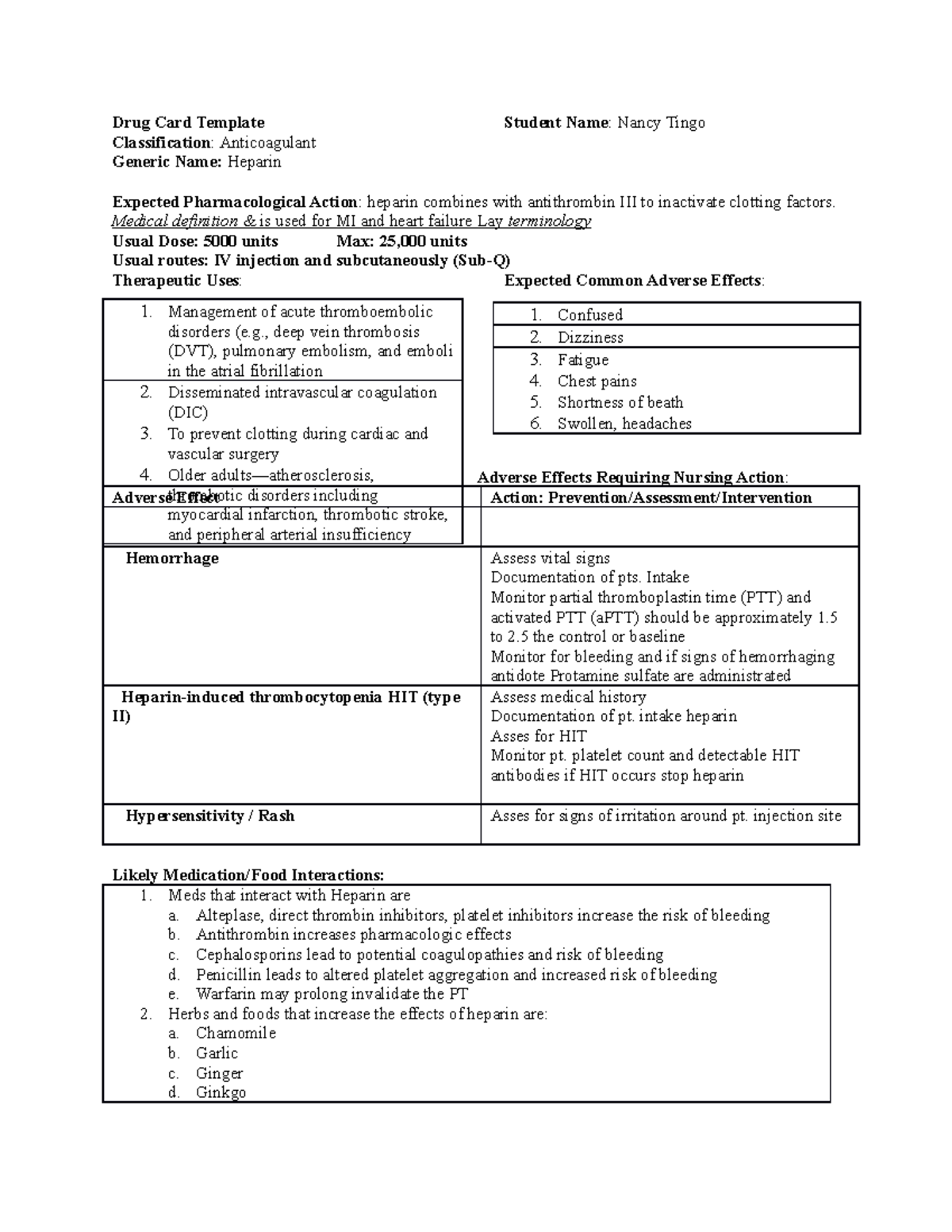 Med Heparin - med card - Drug Card Template Student Name : Nancy Tingo ...