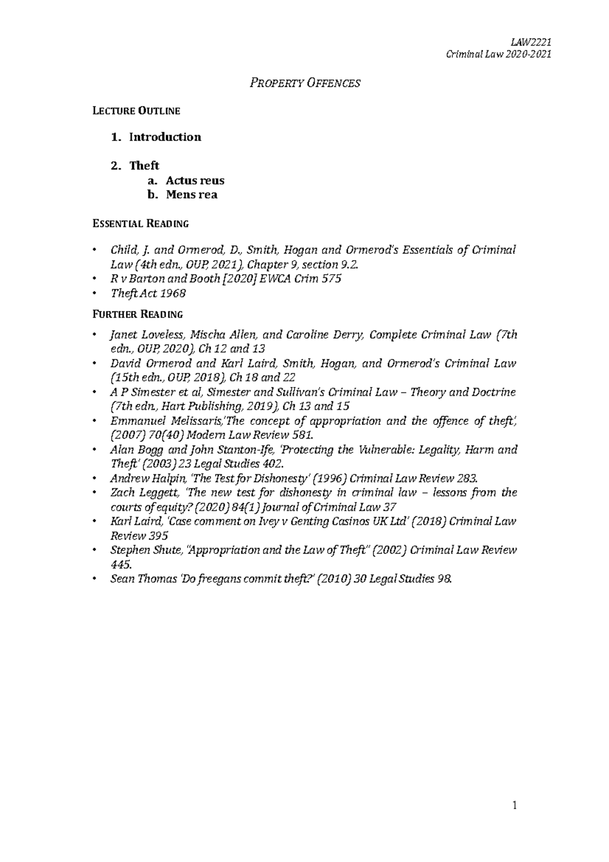 13.Lecture Notes Property Offences Theft - Criminal Law 2020- PROPERTY ...