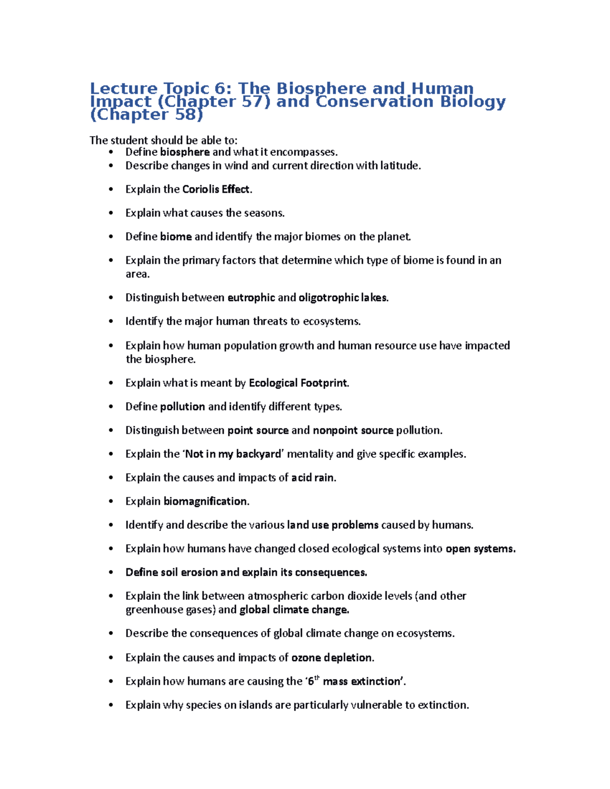 Lecture Topic 6-Biosphere Human Impact - Lecture Topic 6: The Biosphere ...